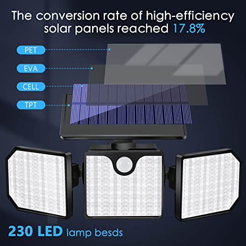 UCGG Solar Wall Lights Outdoor, Motion Sensor 230 LED 2400Lm Flood Lights 3 Adjustable Head 270° Wide Angle Lighting, IP65 Waterproof for Porch Yard Garage Pathway -2Pack, Black