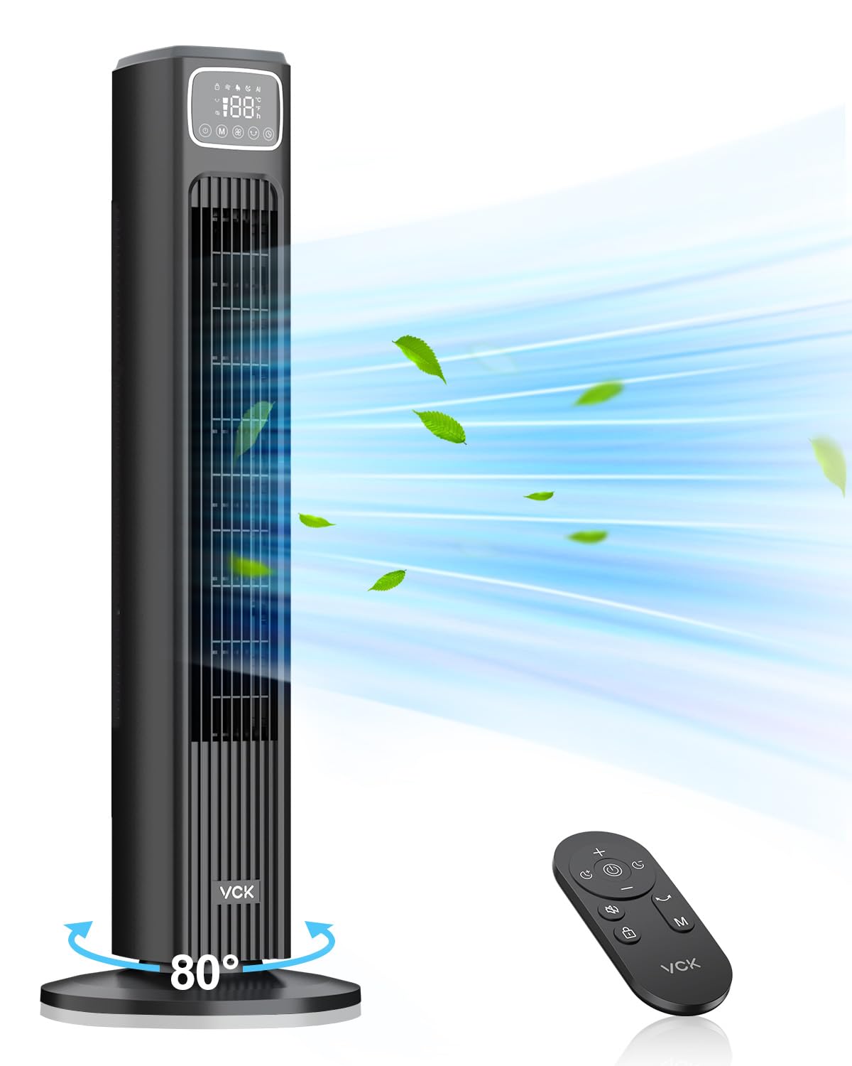 VCK 36-Inch Tower Fan, 80° Oscillating Fans with Remote | 3 Speeds, 4 Modes | Standing Bladeless Floor Fan LED Display with Auto-Off | 12H Timer | Quiet Cooling Fan for Bedroom Home Office