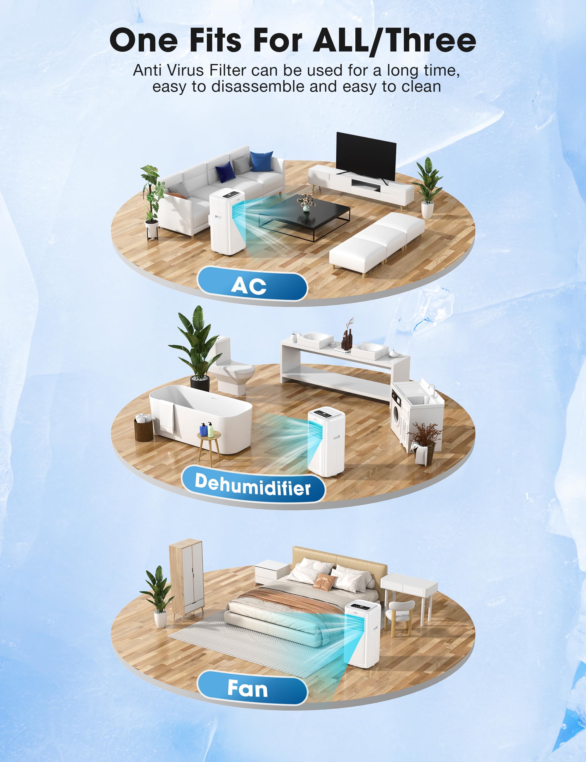 VCK Portable Air Conditioners,8000 BTU 4-in-1 AC Unit with Fan & Dehumidifier,Powerful Cools up to 350 sq.ft.with Side Handles& Casters,LED Display,48dB Quiet,Remote Control,Dehumidify,24H Timer