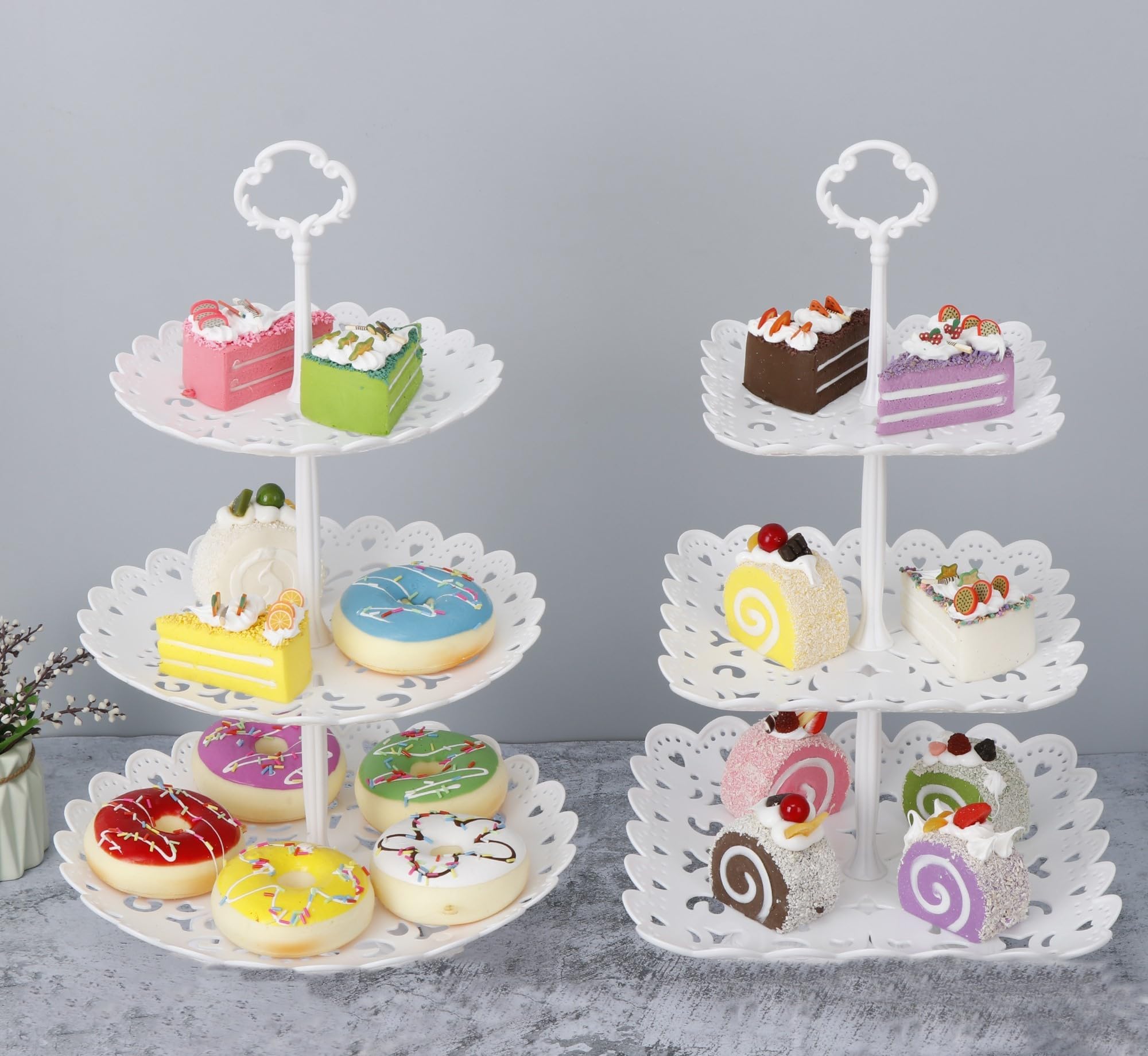 Set of 5 Dessert Stand Set, 3 Tiers White Plastic Cupcake Stand Holder & Rectangle Plastic Party Serving Trays/Platters for Wedding Birthday Baby Shower Tea Party Buffet (Rectangular)