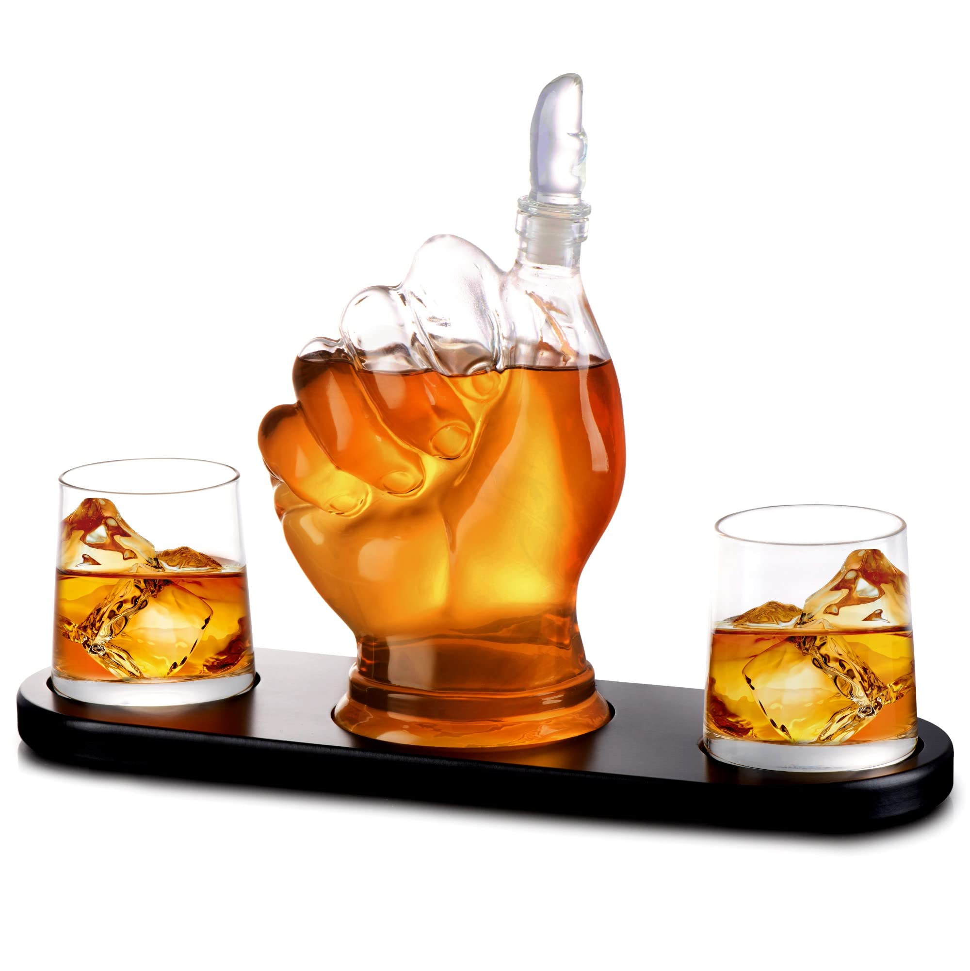 Thumbs Up Whiskey Decanter Set - with Two 10 oz Whisky Glasses - on Rich Wood Mahogany Base Tray - Business Gift Set - Whiskey/Wine Dispenser for Liquor, Scotch, Bourbon, Vodka - 32oz - Bezrat