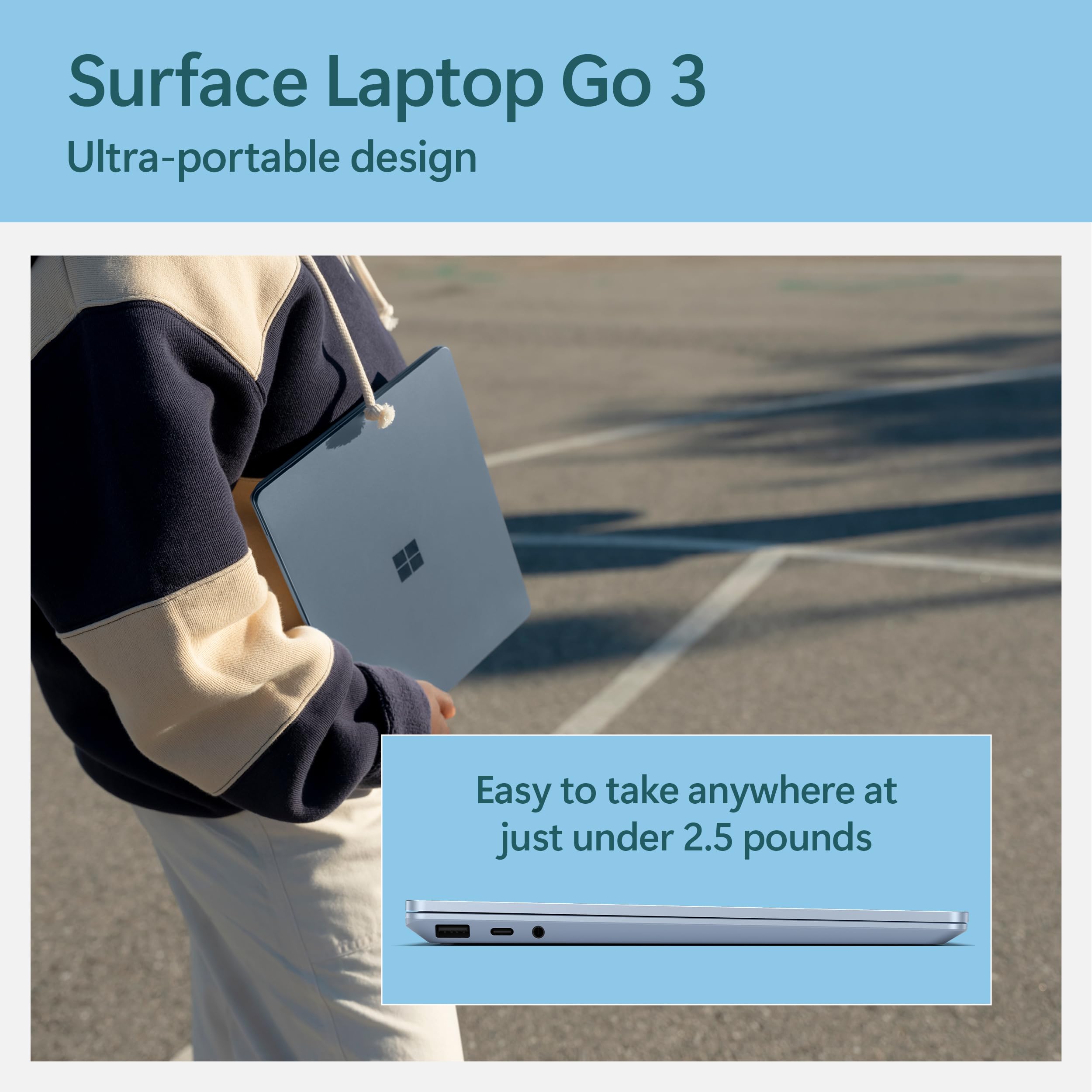 Microsoft Surface Laptop Go 3 (2023) - 12.4" Touchscreen, Thin & Lightweight, Intel Core i5, 8GB RAM, 256GB SSD SSD, with Windows 11, Ice Blue Color Copilot