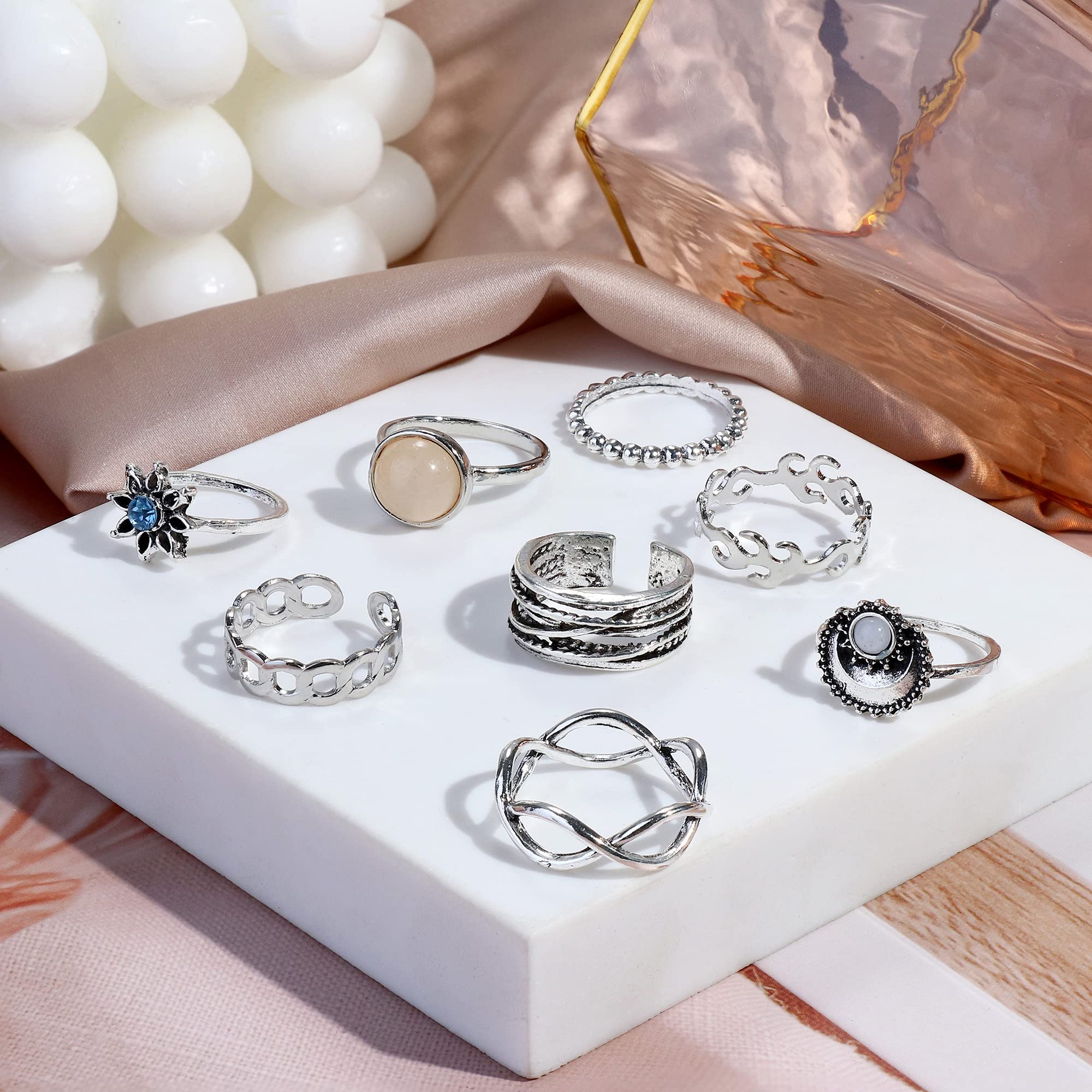 Sanfenly 85Pcs Silver Knuckle Rings Set for Women, Vintage Boho Punk Cross Butterfly Chain Finger Rings Stackable Rings Midi Rings Crystal Joint Finger Rings Pack
