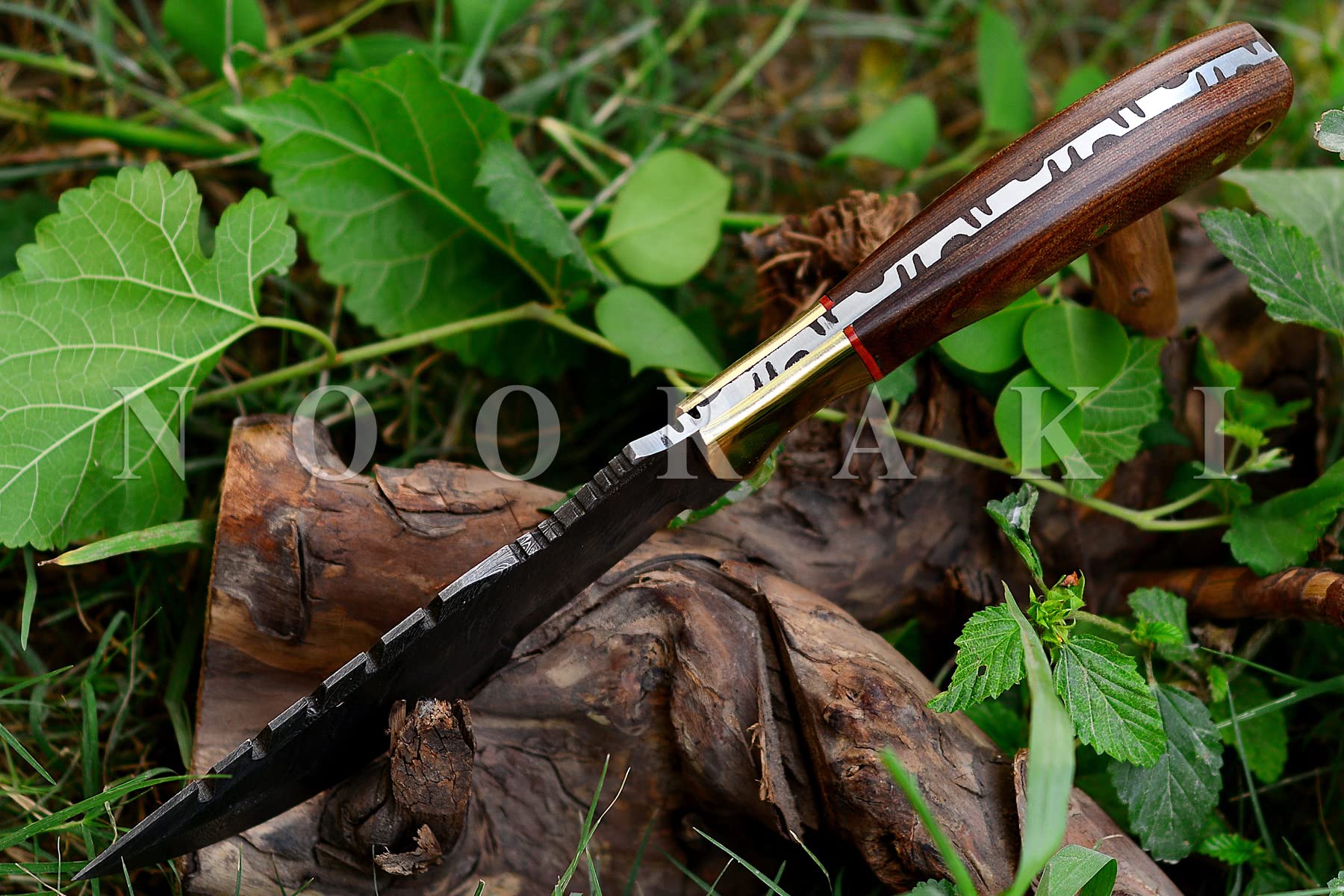 Nooraki - 11 inch | Custom Handmade Damascus Tracker Knife with Brown Micarta Handle Hunting knife, Camping knife, Bushcraft Knife, Survival Knife - Full Tang Fire Pattern With Sheath #332