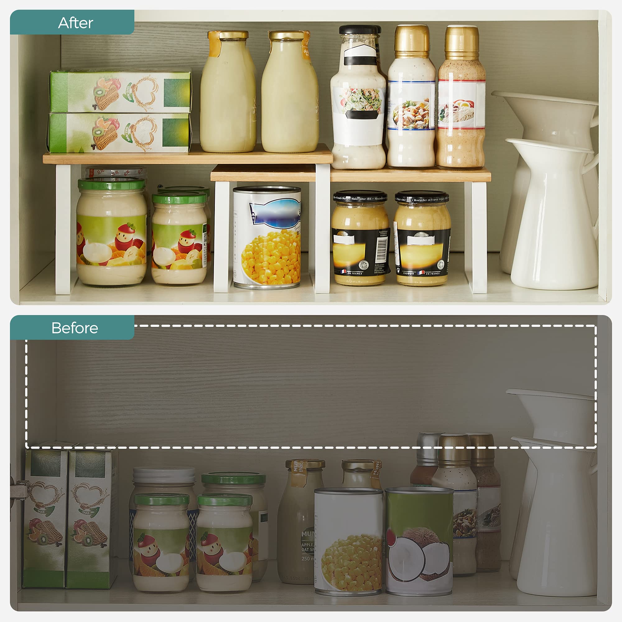 SONGMICS Bamboo Shelf Organizers and Metal Shelf Organizers Bundle, Stackable, Expandable Kitchen Shelves, Silver, Natural and White UKCS01SV and UKCS02NW
