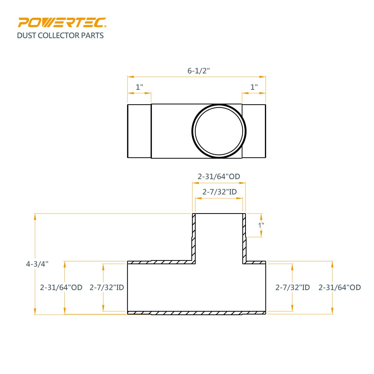 POWERTEC 70180V 2-1/2-Inch Dust Collection T-Fitting, 1 PK