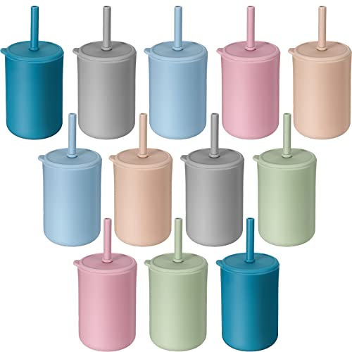 Yinder 12 Pcs Mini Silicone Kids Cups Sippy Toddler Cups with Straws and Lids Spill Proof Unbreakable Baby Silicone Cup for Baby Training Drinking, 6 Colors, 5.4 x 2.6 Inches