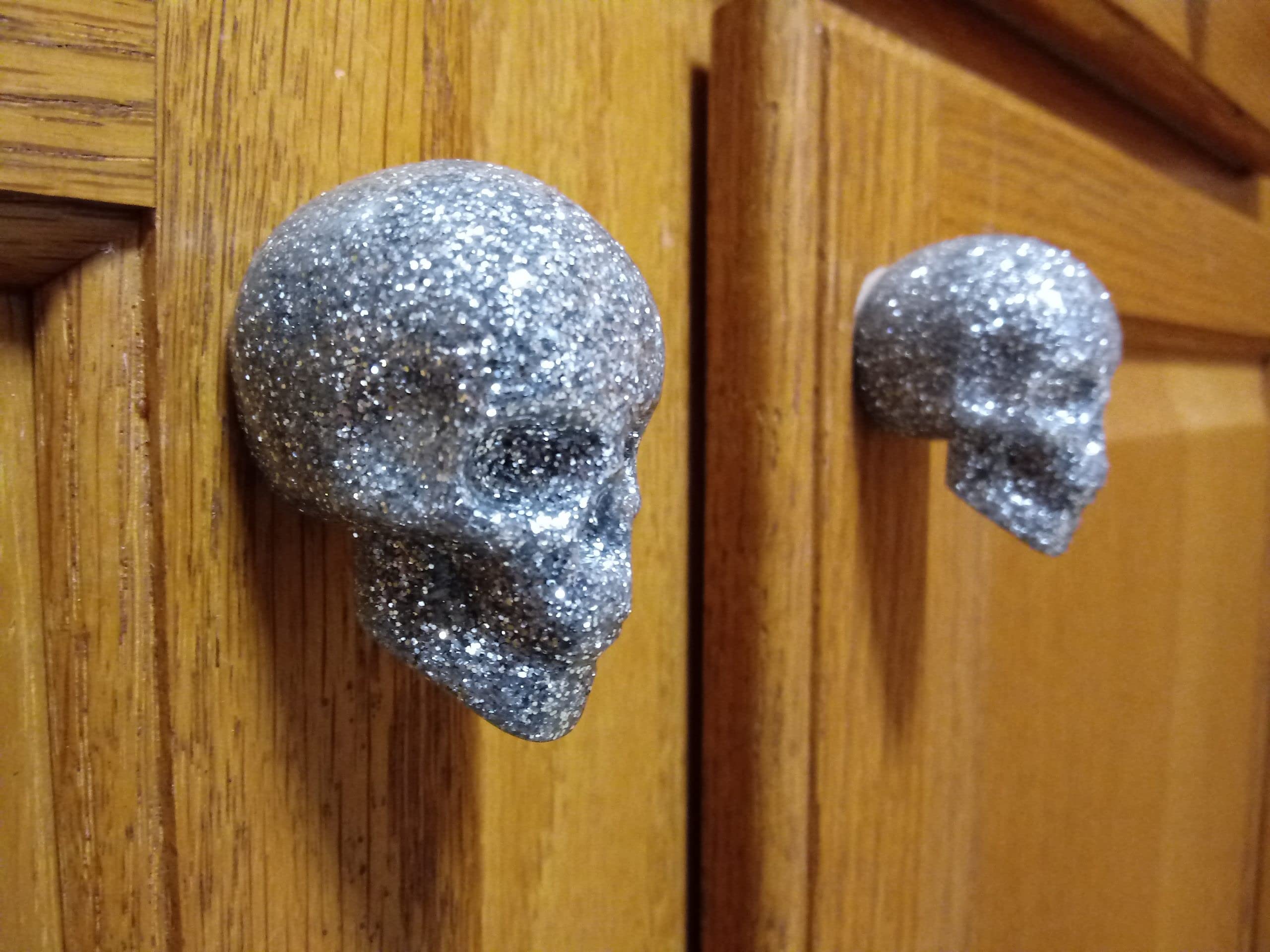 Silver Glitter Skull Door Knobs Drawer Knobs (Set of 2)