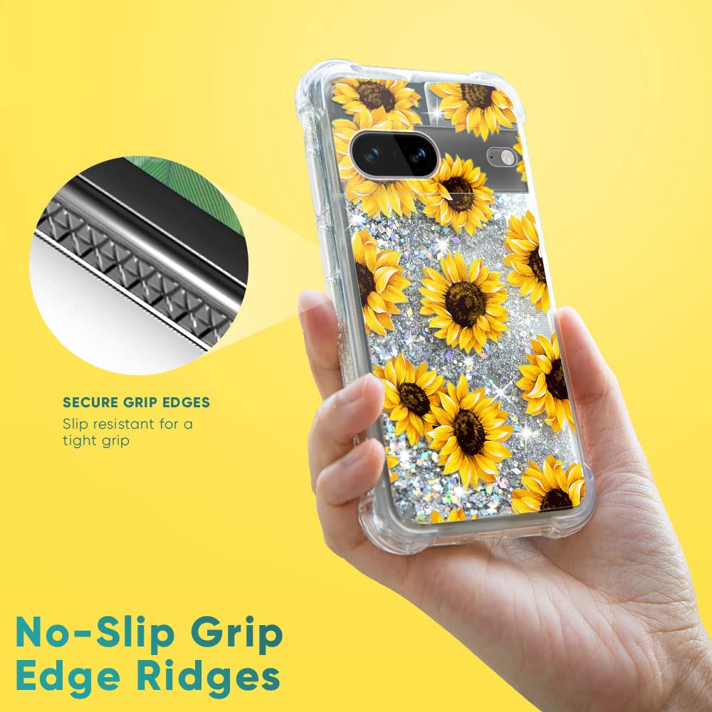 Miss Arts for Pixel 7 Case,Girls Women Flowing Liquid Holographic Holo Glitter Shock Proof Case with Floral Design Bling Diamond Bumper for Google Pixel 7 -Sunflower