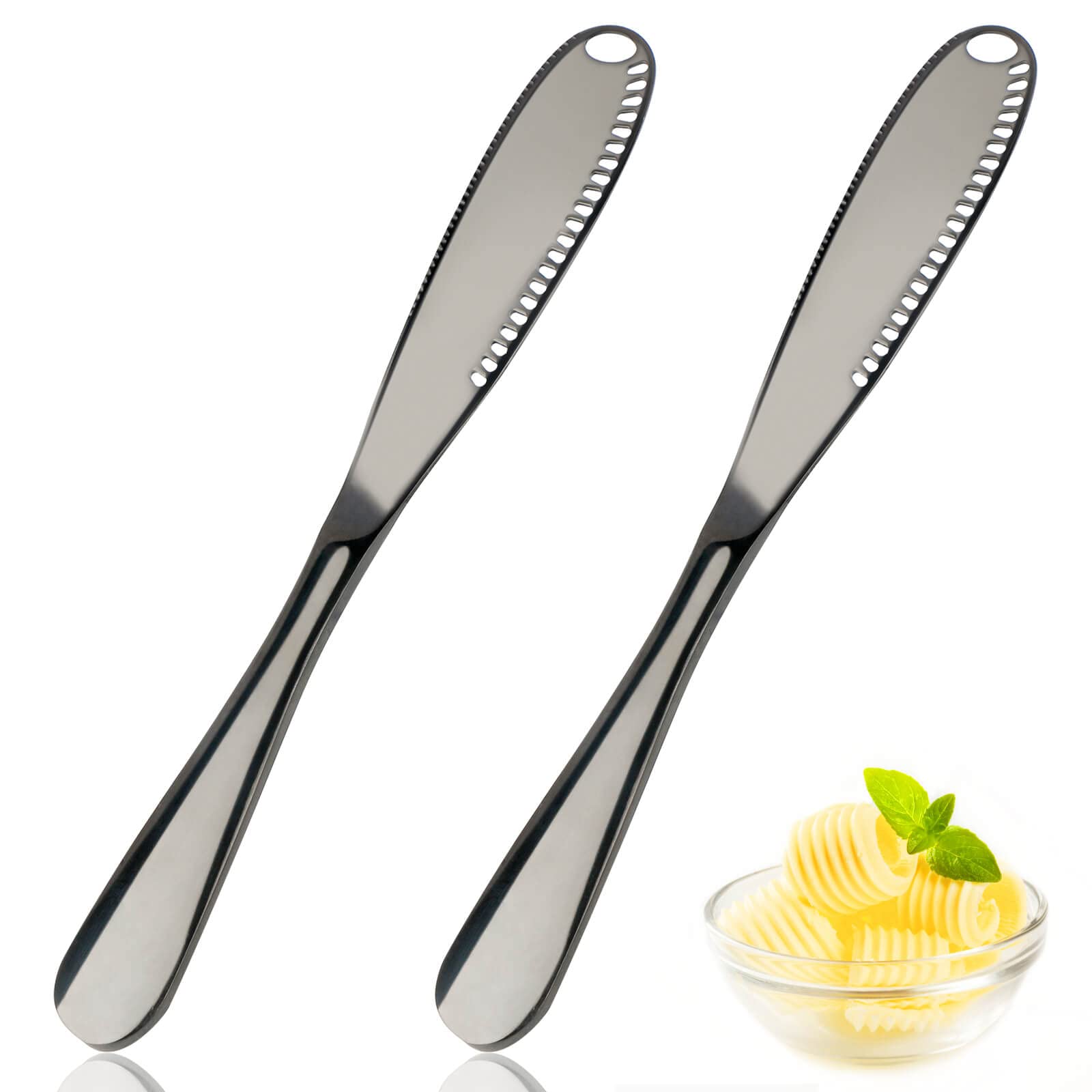RIEOS 2 PCS Butter Spreader Knife, Stainless Steel Multi-Function Butter Knives, Black Curler with Holes & Serrated Edge, 3- in- 1 Kitchen Gadgets for Cold Butter, Bread, and Jams
