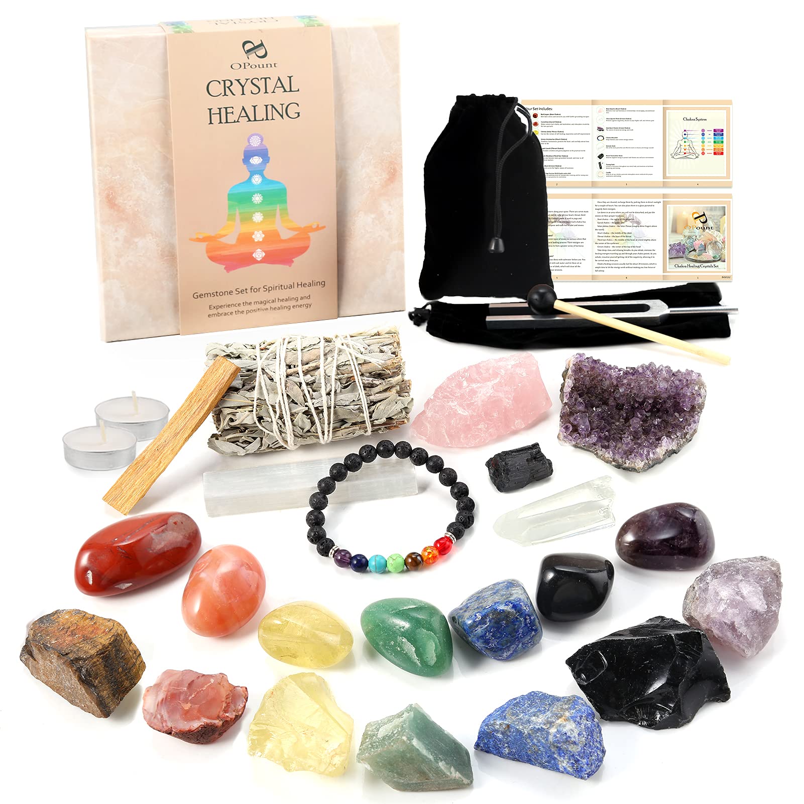 PP OPOUNT 26 PCS Healing Crystals Set, Crystals and Healing Stones Set with Polished and Raw Chakra Stones, Instructions and Gift Box for Crystal Healing and Meditation