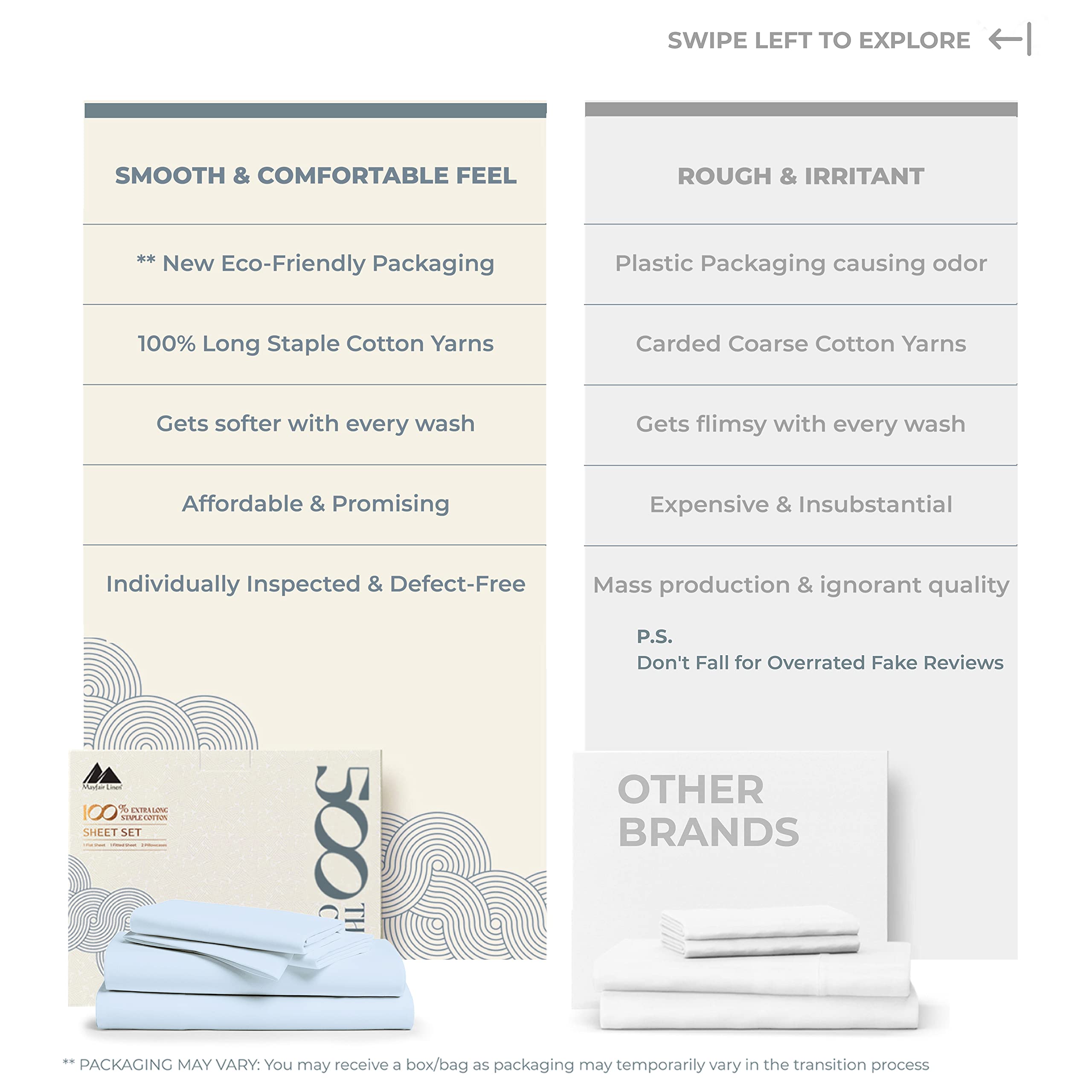 Mayfair Linen 100% Cotton Sheets for Queen Size Bed - Luxury 500 Thread Count Queen Sheet Set, 4 PC Sateen Weave Queen Light Blue Cotton Sheets, Ultra Soft, Deep Pocket Cooling Sheets Queen Size