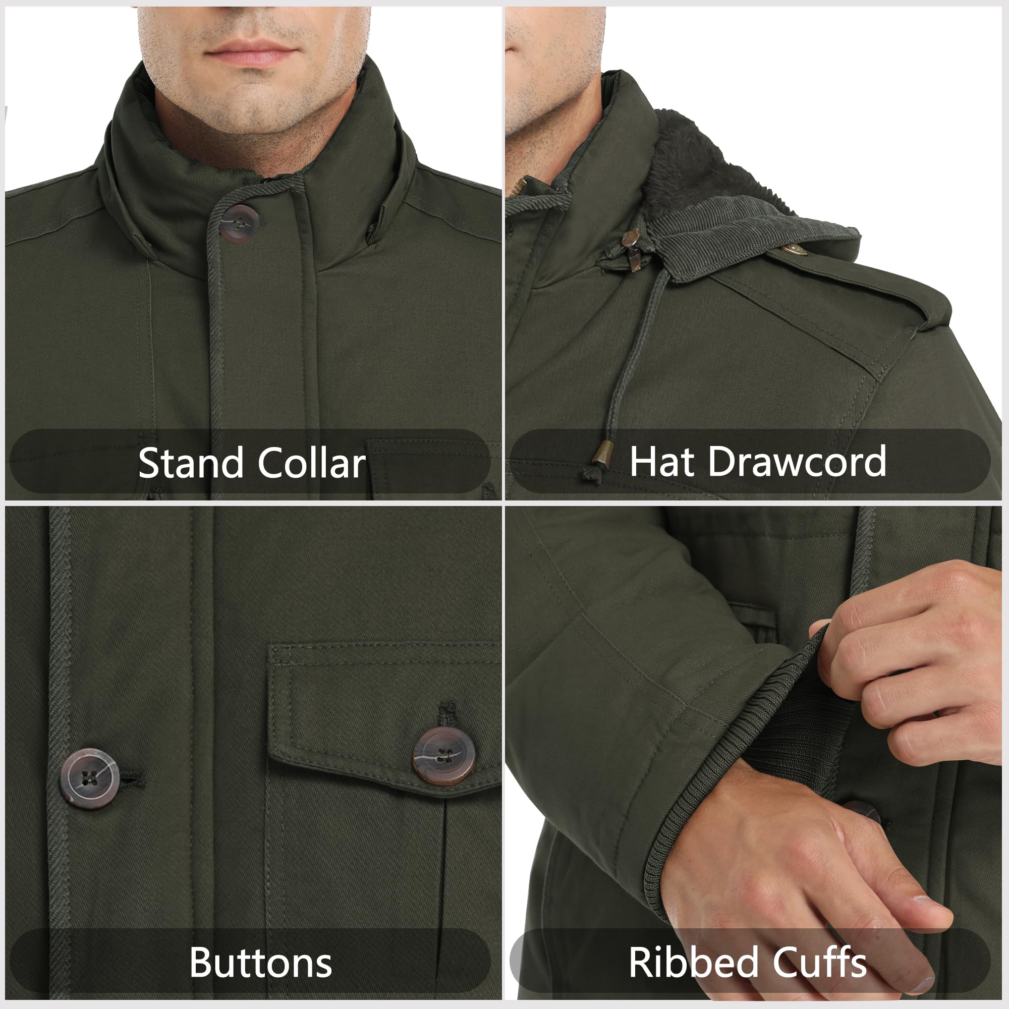 Men's Winter Thicken Parka Jacket Casual Military Warm Coat with Removable Hood (Army Green,XL)