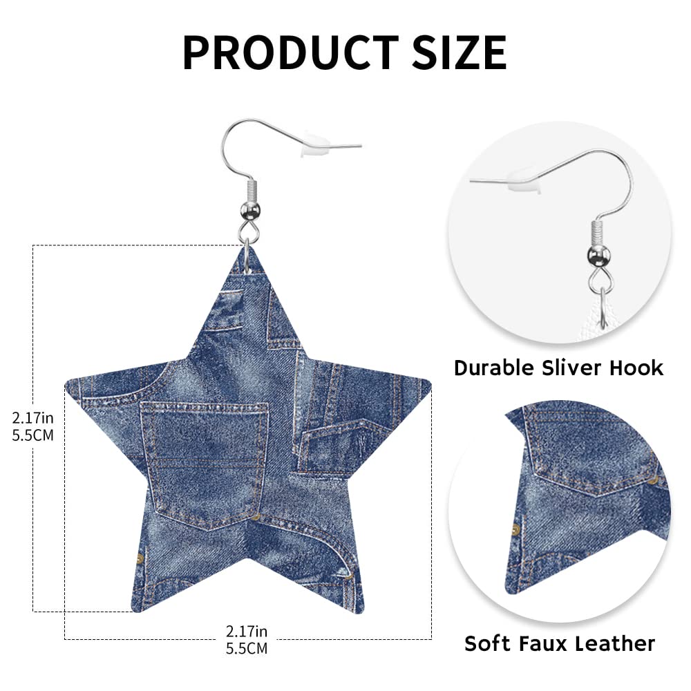 Swono Denim Patchwork Pattern Leather Earrings Indigo Irregular Patchy Wrinkle Jeans Star Faux Leather Earring Lightweight Dangle Drop Earrings for Women Girls