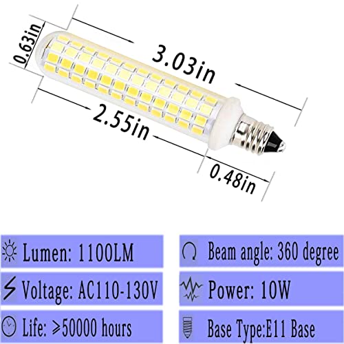 New Upgrade -E11 led Bulb,125 LEDs 100W 120W Halogen Bulbs Equivalent, 10w 1100lm, E11 Mini Candelabra Base White 6000k,AC 110V/130V,JD T3 T4 Bulb (2 Packs)