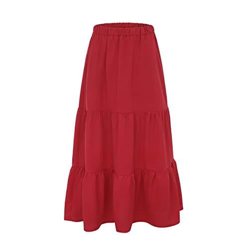 Tenworld Trendy Elastic Swing with Pockets Women's Boho Summer A Line Tiered Beach Pleated Flowy Dress Long Waist Skirt