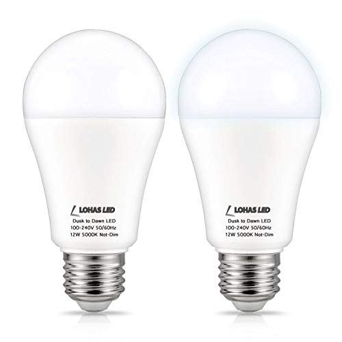 LOHAS Dusk to Dawn LED Outdoor Lighting, 12W(100Watt Equivalent) Smart Sensor Light Bulbs Daylight 5000K, A19 LED Bulb E26 Automatic On/Off Security Yard Lights, Perfect for Porch Garage Patio, 2 Pack