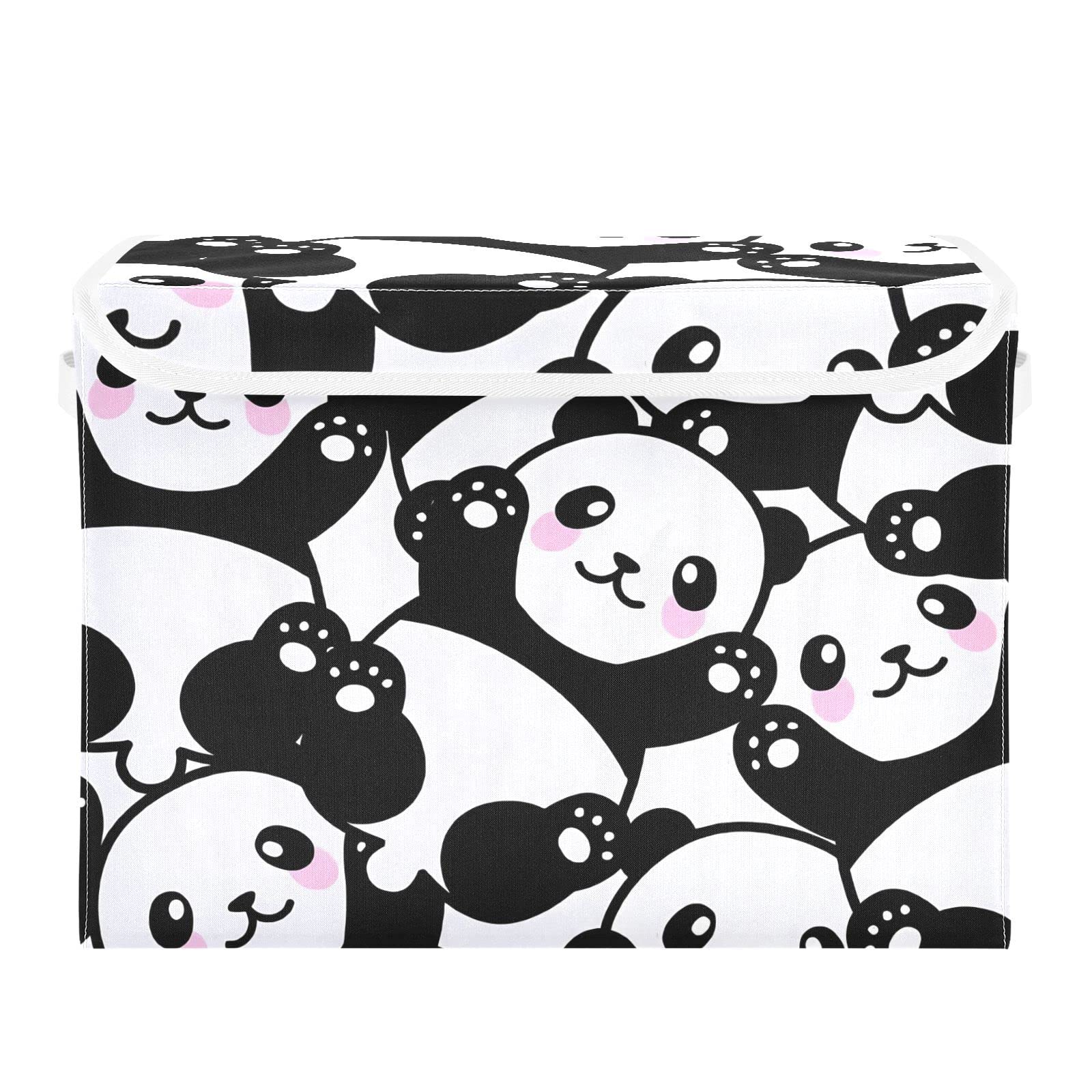 Panda Black White Cute Animal Large Storage Bin with Lids Collapsible Fabric Storage Box Closet Shelf Decorative Storage Baskets for Organization Clothes Bedroom Dorm