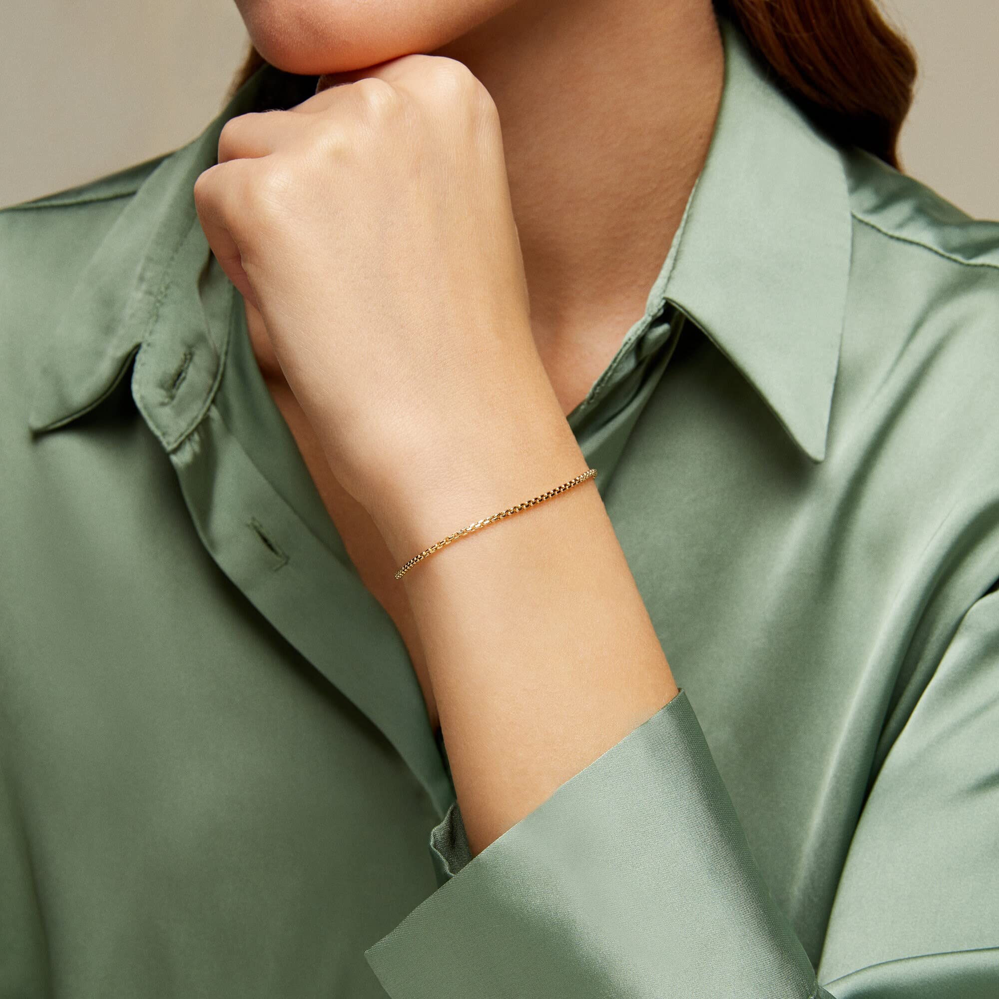 Norm Jewels Lightweight Stacking Link Chain Bracelet in 14k Solid Gold Box Chain Bracelet for Women Men (YELLOW, 5 inches)