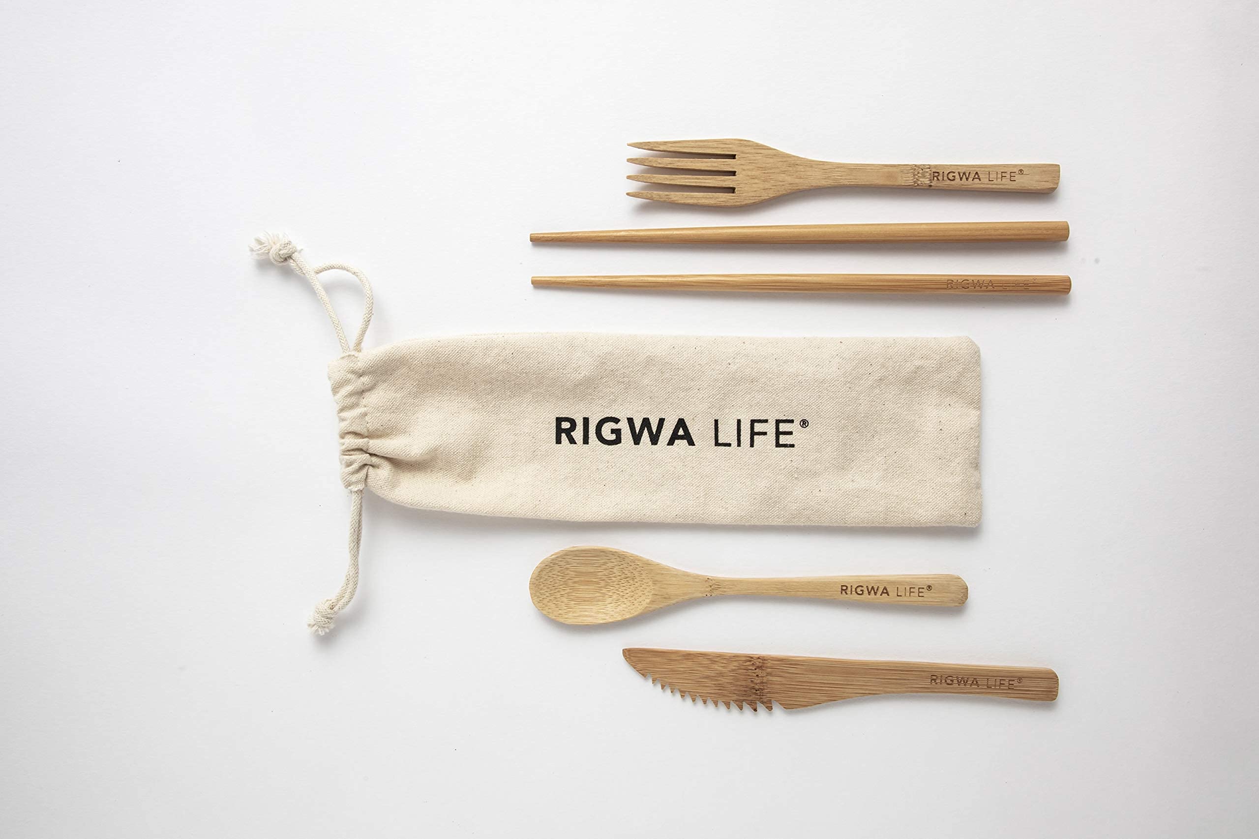 RIGWA LIFE | Custom Bamboo Cutlery | Reusable & Eco-Friendly Travel Utensils | Wooden Utensils for eating | Includes reusable Chopsticks, Spoon, Fork, Knife and Canvas Bag |
