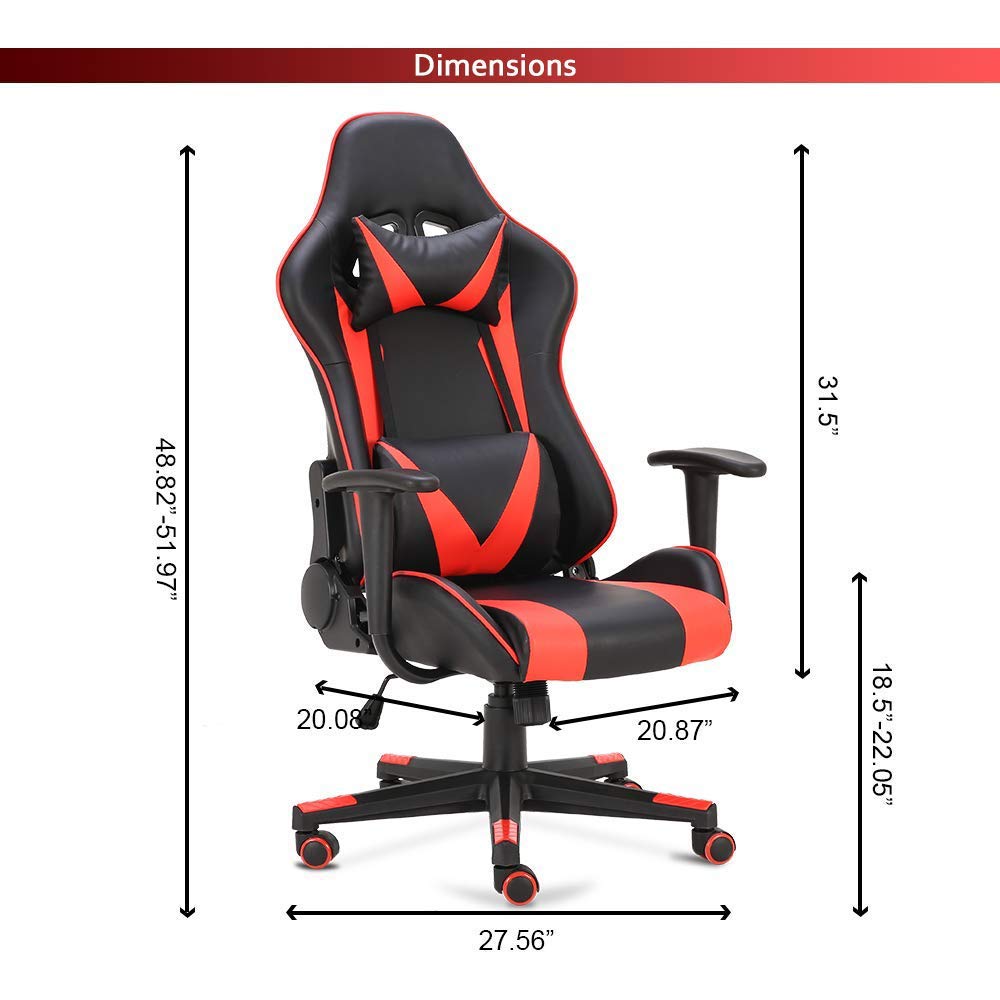 OGEFER Gaming Chair PC Computer Chair Racing Style Ergonomic with Massage Headrest Pillow Lumbar Support Armrest Home Office Swivel Chair Rocking Function 180 Degree Reclining Black Red