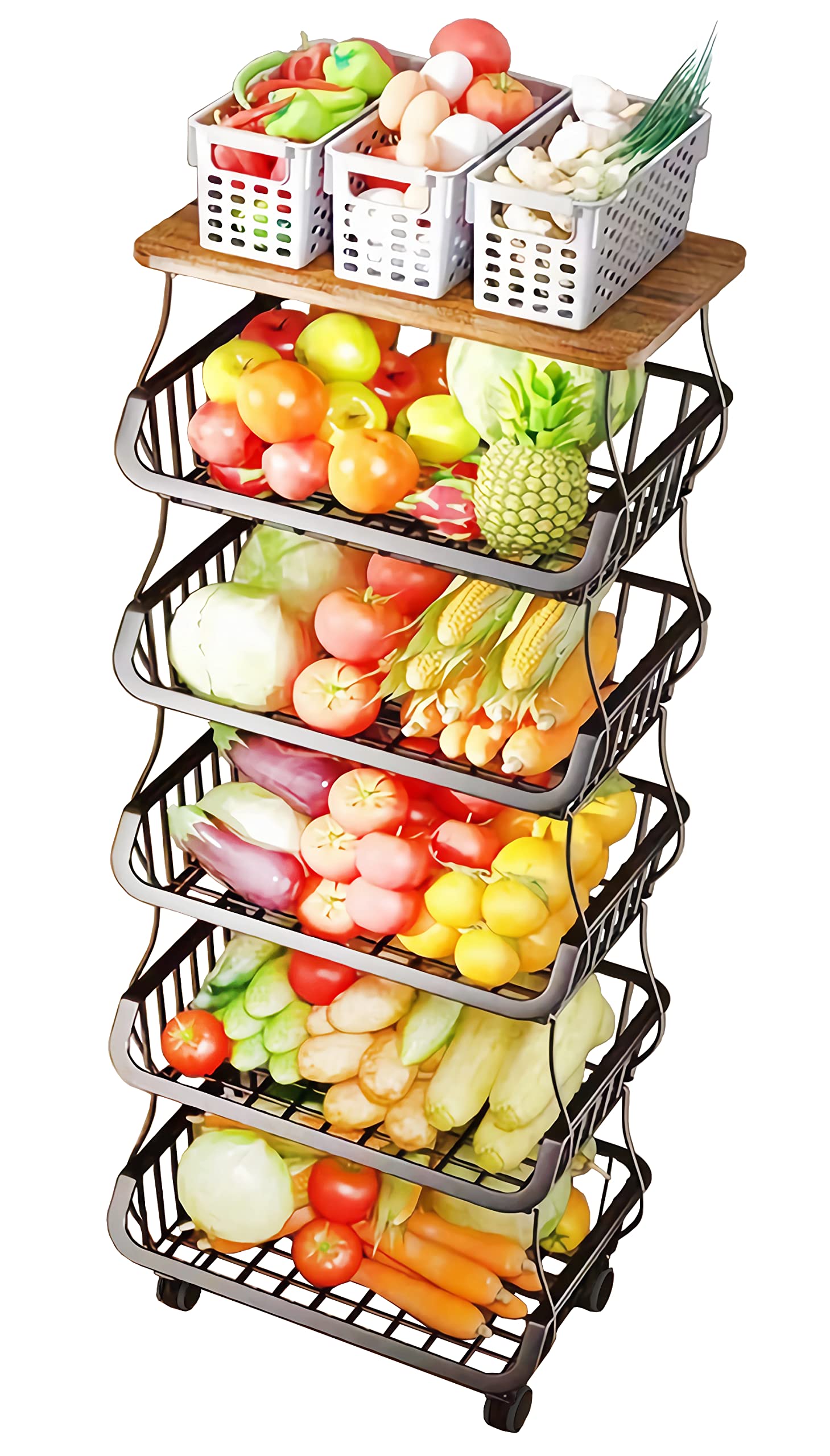 MURRI&MURRDI Kitchen Storage Cart with Top, 5 Tier Rolling Cart with Wheels Rolling Rack Storage Cart for Pantry, Can be Used as Kitchen Cart Fruit Basket Stand for Kitchen (Black, 5 Layer)