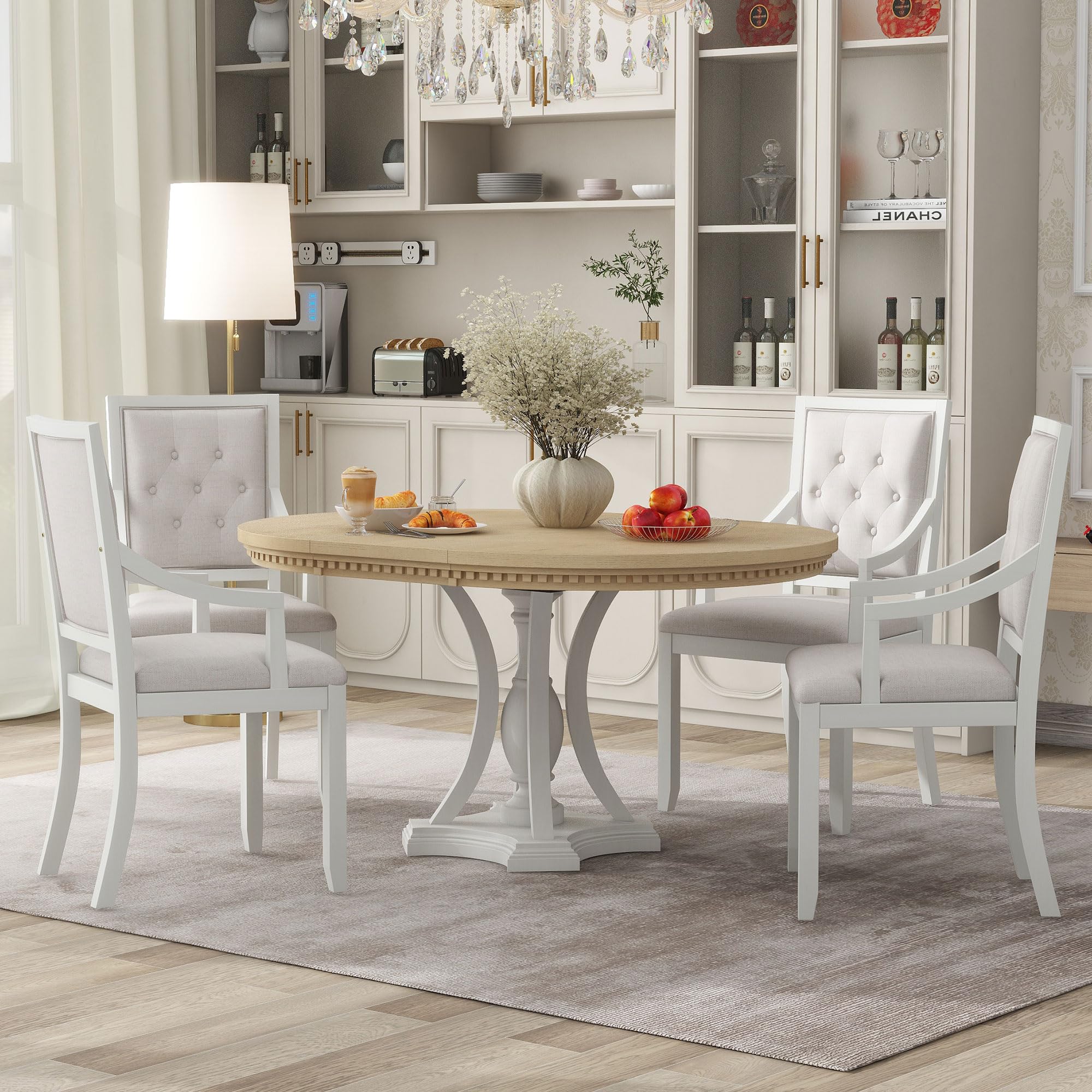 MengK Retro 5-Piece Dining Set Extendable Round Table and 4 Chairs for Kitchen Dining Room (Natural Wood Oak + Antique White)