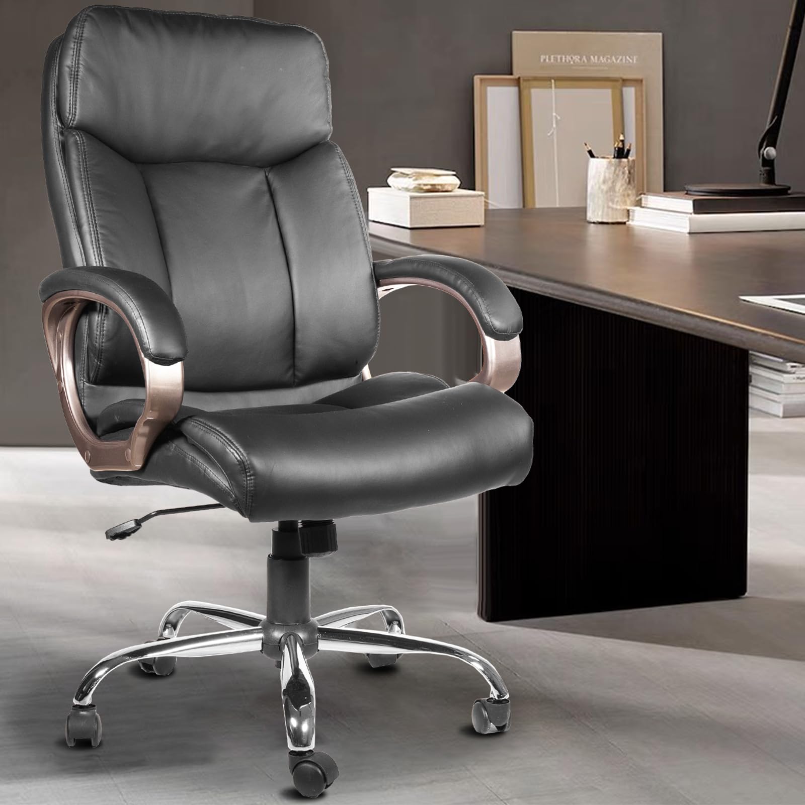 Mimager Black Desk Chair, Mid Back Executive Office Chair Adjustable Height, Leather Office Desk Chair with Arms, Swivel Computer Desk Chair, Modern Design, Black
