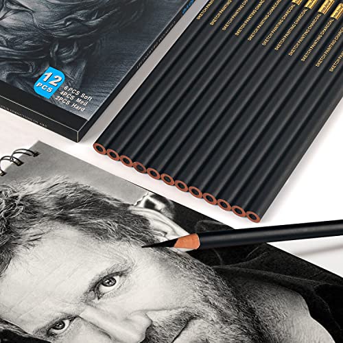 MISULOVE Professional Charcoal Pencils Drawing Set - 12 Pieces Soft Medium and Hard Charcoal Pencils for Drawing, Sketching, Shading