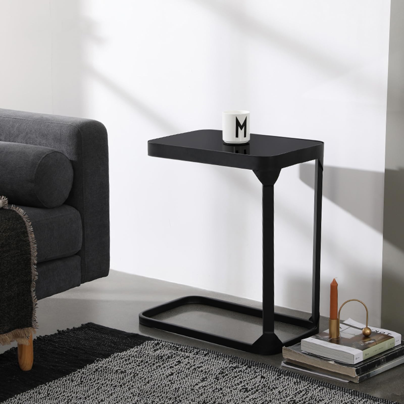 Middai End Table C-Shaped, Living Room Narrow Side Tables 20D X 12W X 22" H, Black Tempered Glass Top, Bedside Snack Table(Size:50 * 30 * 55CM,Color:Black)