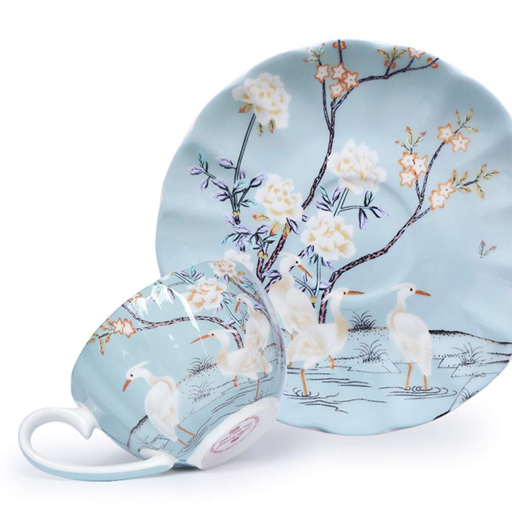 ufengke 8oz Blue Fine Bone China Coffee Cup with Saucer, White Flowers, White Crane Porcelain Tea Cup and Saucer