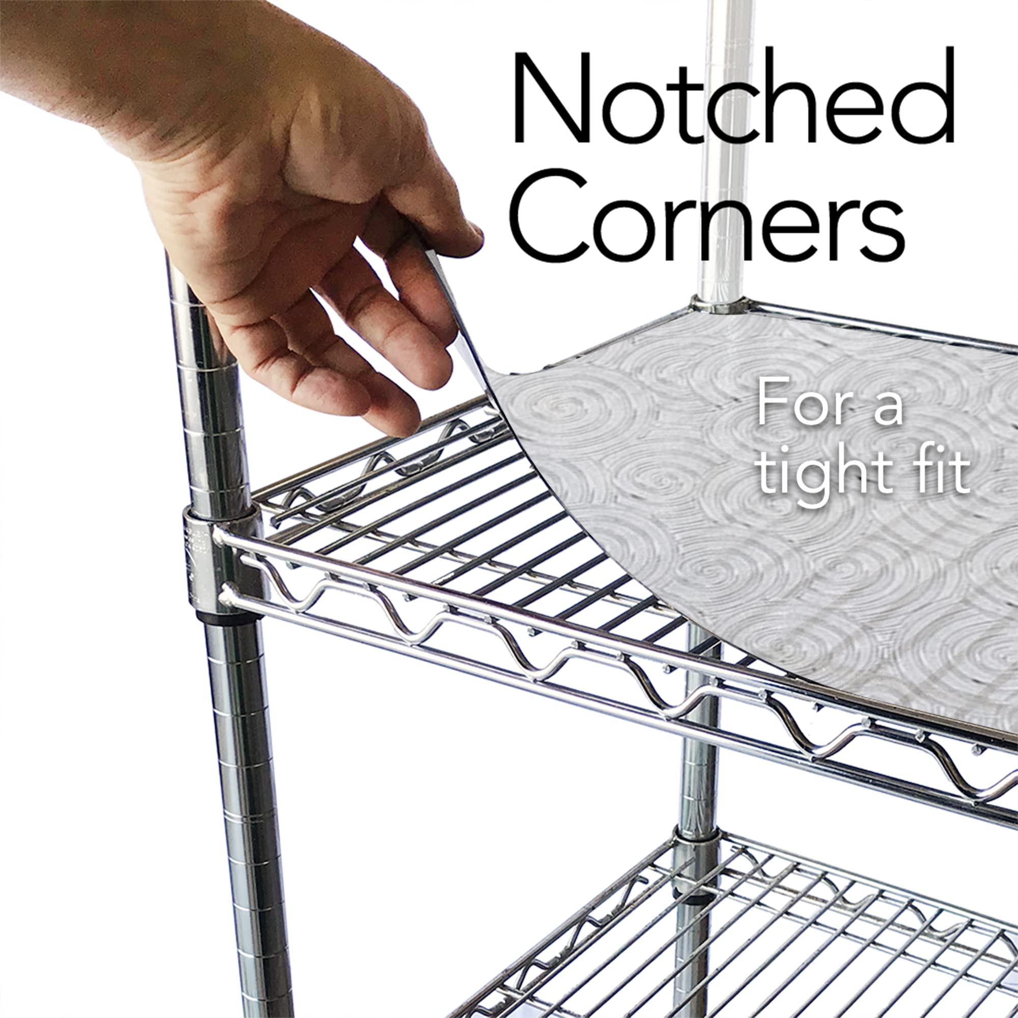 Resilia Shelf Liner Set for Wire Shelving Units – 4 Pack, 24 Inches x 48 Inches, Clear Swirl Spiral Pattern, Anti-Slip, Heavy Duty, Made in The USA, for Kitchen, Bathroom, Garage Storage