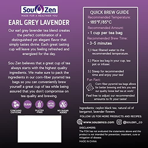 Sou Zen Earl Grey Lavender Tea 30 Corn-fiber Pyramid Tea Bags | Premium Quality Tea Leaves and Flowers | Raw and Naturally Organic Ingredients | Energizing and Revitalizing Tea with No Additives