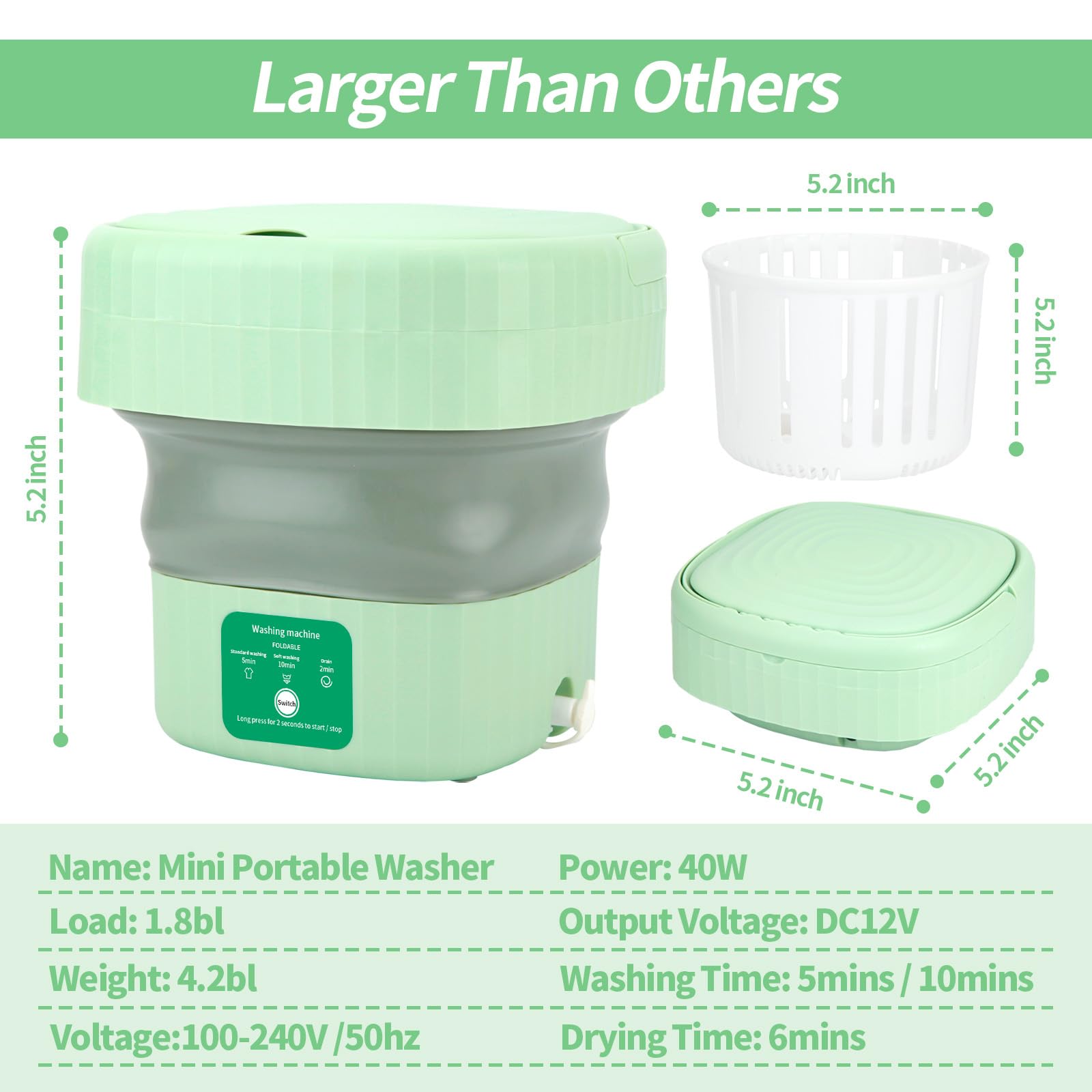 MINDORE Portable Washing Machine, 6.5L Large Capacity, 3 Modes of Deep Cleaning, Mini Washing Machine Suitable for Washing Baby Clothes, Underwear, Socks, Suitable for Apartment Camping Travel, Green