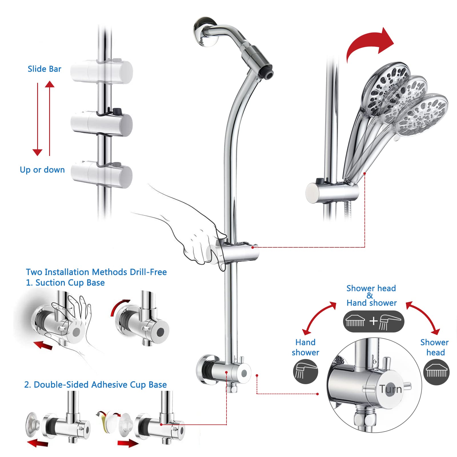 UCLIMAA Rainfall 8 Inch Round Shower Head with High Pressure Handheld Spray Combo, Drill-Free Slide Bar with Adjustable Shower Extension Arm, 3-Way Low Diverter for Easy Reach, 5Ft Hose- Chrome