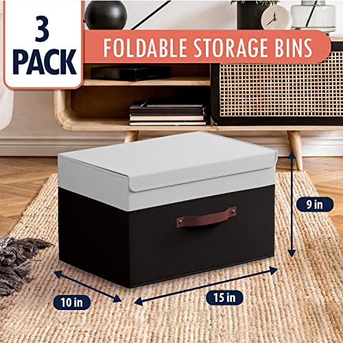 Ornavo Home 3 Pack Collapsible Storage Bins with Lid, Foldable Linen Fabric Shelf Storage Basket Closet Organizer and Large Storage Box for Clothes with Leather Handles, 15 x 10 x 9, White/Black