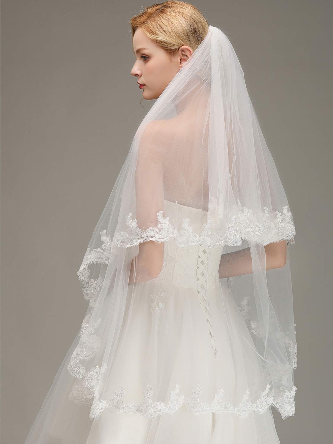 MisShow Women's Bridal Tulle Veils with Comb Lace Edge Wedding Veils for Bride,White