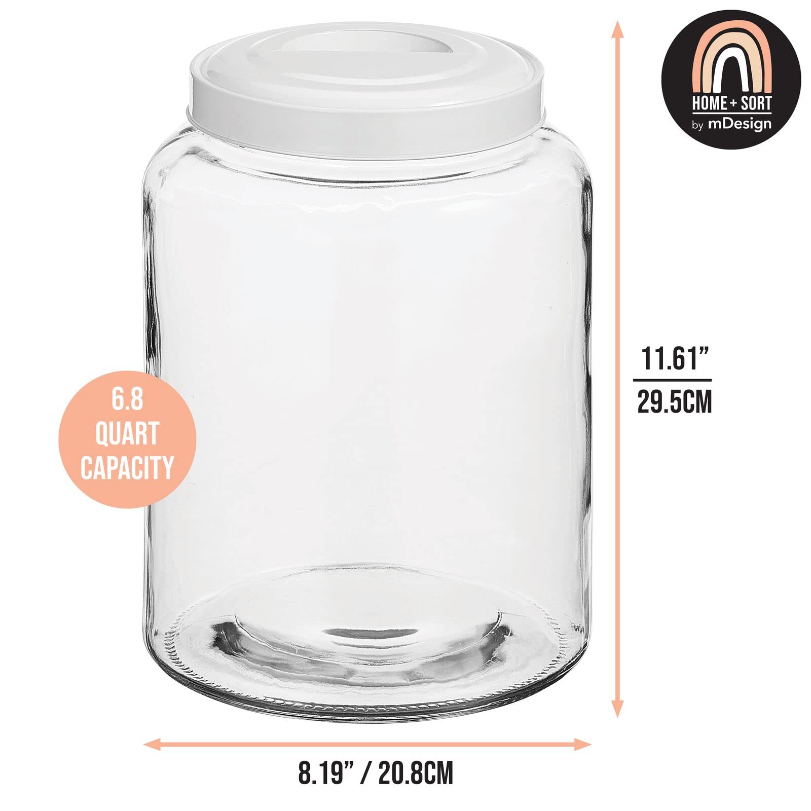 mDesign Medium Storage Glass Canister with Airtight Metal Lid for Kitchen Pantry, Counter, or Cabinet - Container for Food, Snacks, Cooking or Baking Supplies - Home Sort Collection - Clear/White