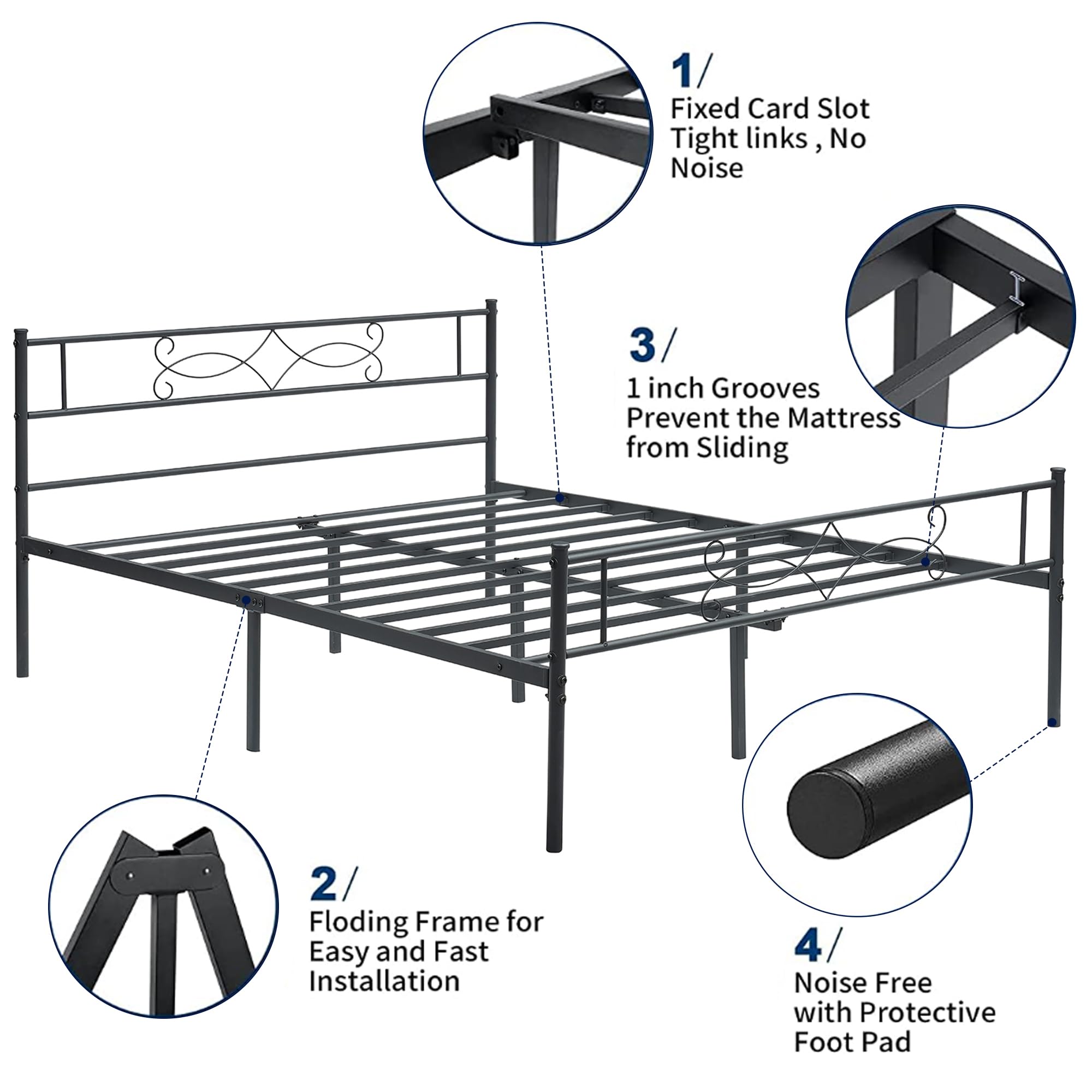VECELO Full Size Bed Frame Metal Platform with Headboard/Steel Slat Support/No Box Spring Needed/Easy Assembly
