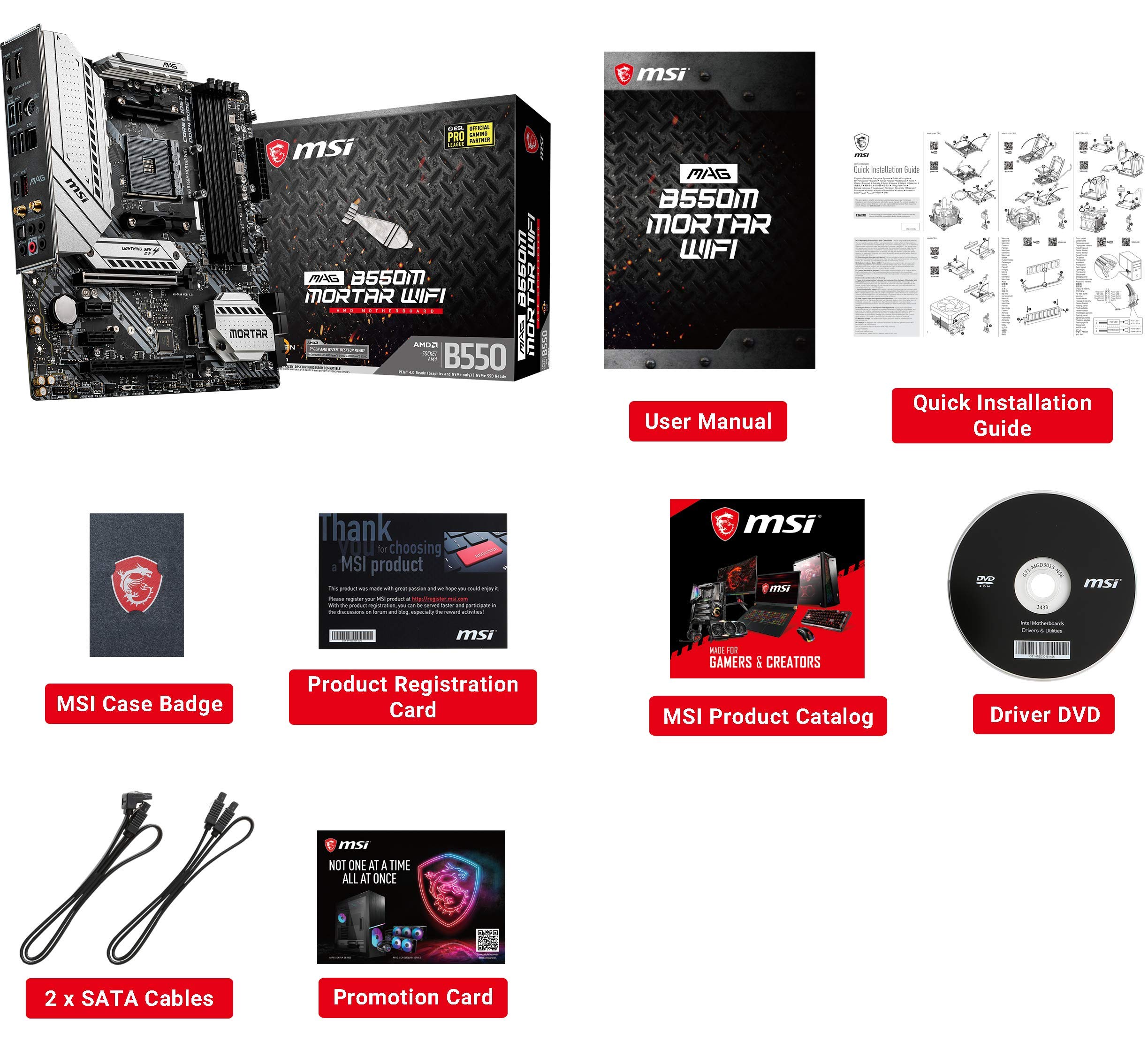 MSI MAG B550M Mortar WiFi Gaming Motherboard (AMD AM4, DDR4, PCIe 4.0, SATA 6Gb/s, M.2, USB 3.2 Gen 2, AX Wi-Fi 6, HDMI/DP, Micro-ATX, AMD Ryzen 5000 Series Processors)