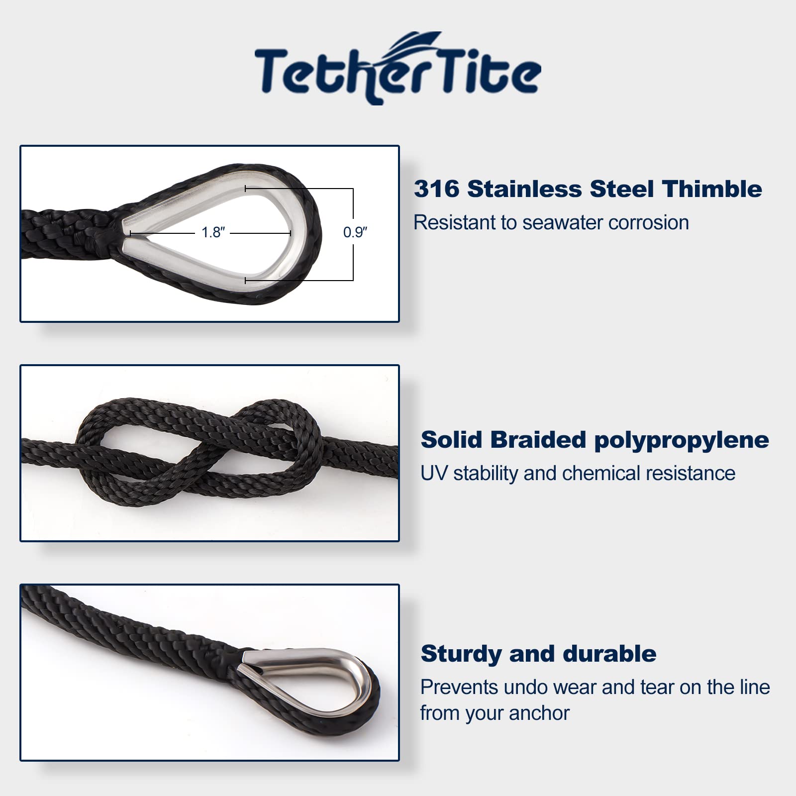 TetherTite Anchor line 3/8 Inch 100 Feet, Premium White Solid Braided MFP Boat Anchor Rope with Stainless Steel Thimble (3/8" x 100', Black)