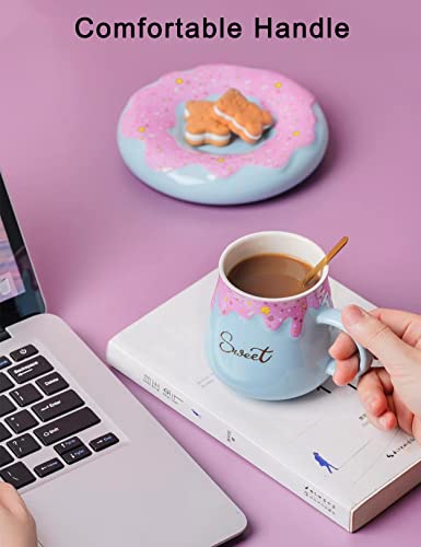 SISETOP Novelty Espresso Cups and Saucers, Ceramic Donut Mug, 9.5oz Creative Cute Cups, Unique Coffee Mug with Spoon for Gift, Kids, Adults, Birthday