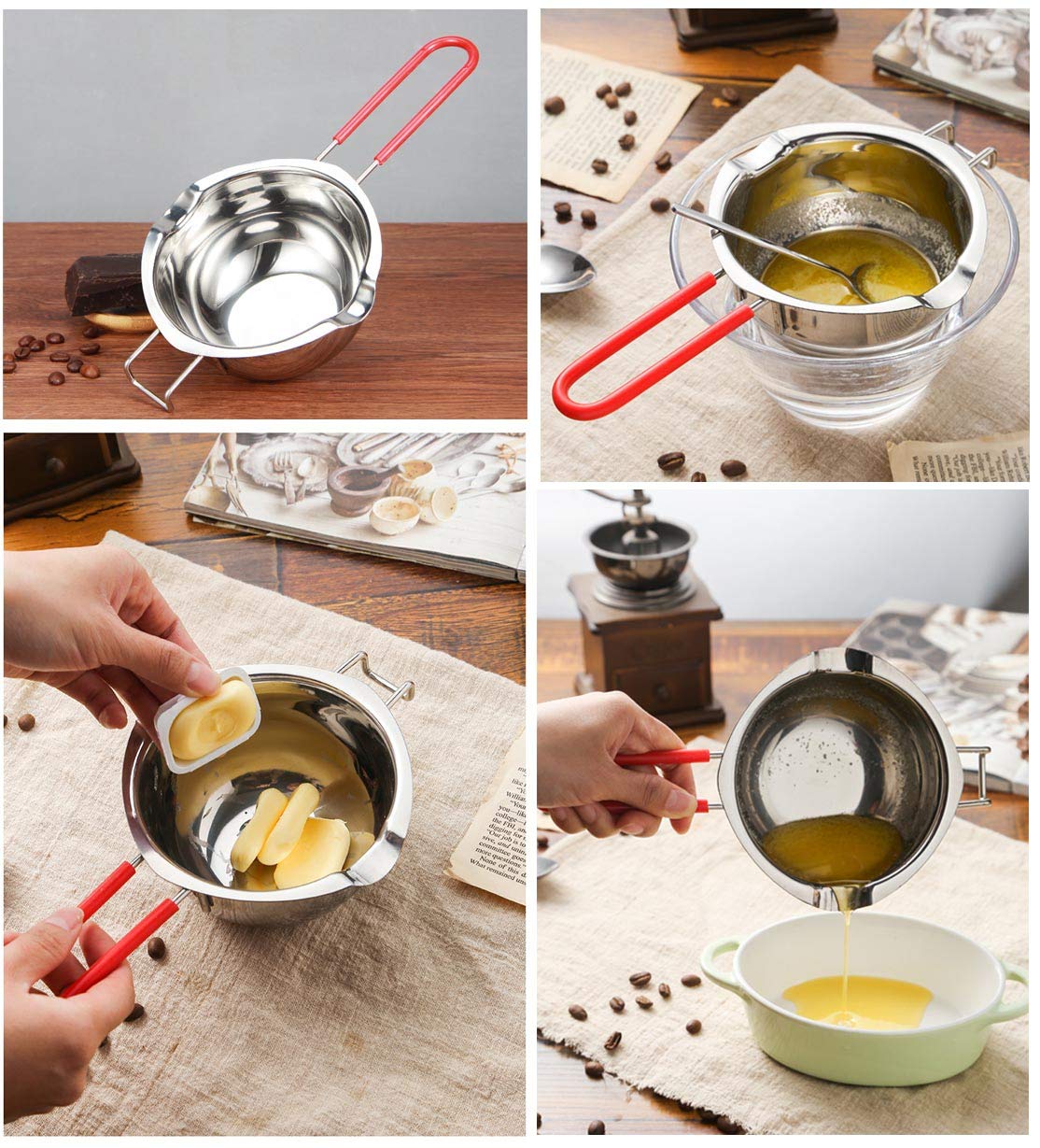 Stainless Steel Double Boiler Pot, 600ML Updated Melting Pot with Silicone Spatula for Melting Butter,Chocolate, Candy, Cheese and Caramel (Red)