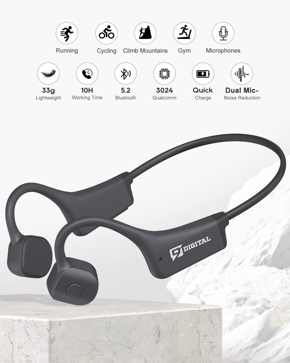 Znfrt Bone Conduction Bluetooth Headphones with Mic,Wireless Open Ear Headphones,IP67 Waterproof Sport Earphones,Sweatproof Headset for Running,Workouts,Cycling & Gym