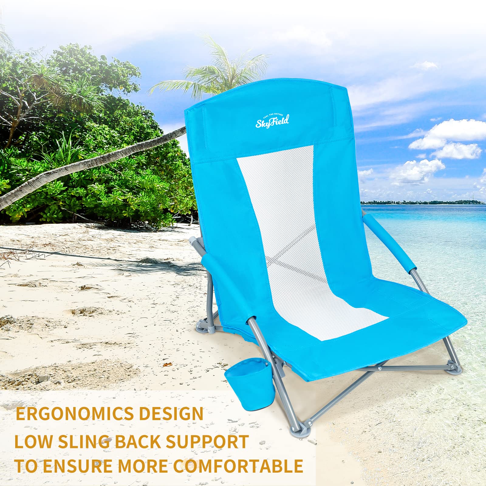 SKYFIELD 2 Pack Low Beach Chairs for Adults Ultralight Folding Chair Heavy Duty Beach Chair with Cupholder and Carry Bag