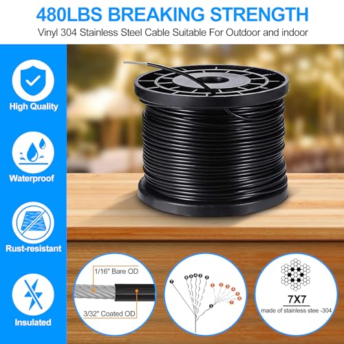 UGarden String Light Hanging Kit with 170ft Coated Stainless Steel 304 Tension Wire Rope, Outdoor Light Guide Wire kit, String Lights Suspension Kit