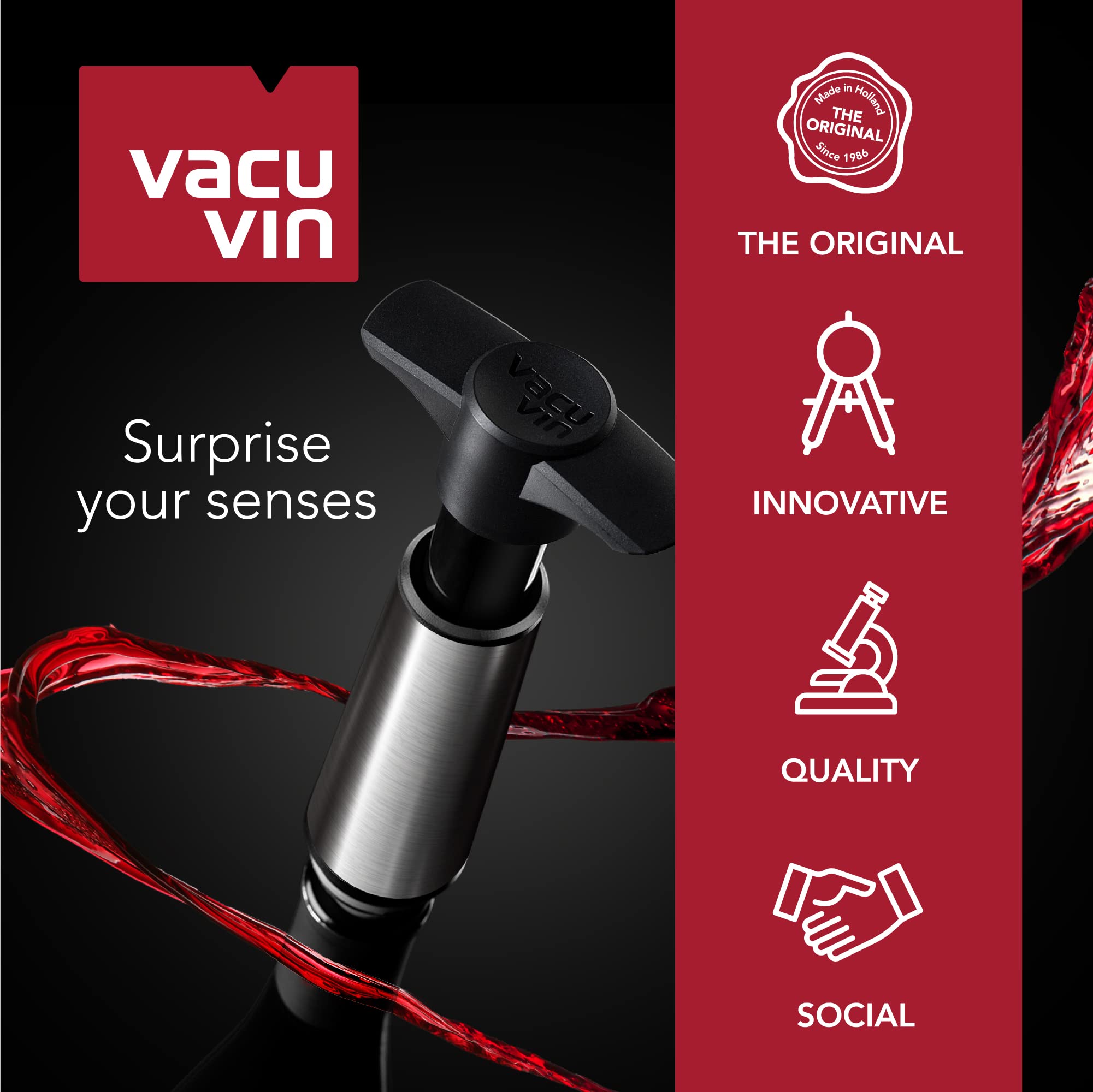 Vacu Vin Wine Saver Pump Blue with Vacuum Wine Stopper - Keep Your Wine Fresh for up to 10 Days - 1 Pump 4 Stoppers - Reusable - Made in the Netherlands