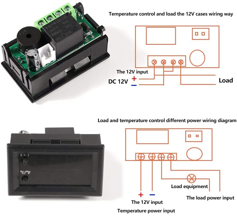 UMLIFE 2PCS Temperature Controller -50 to 110 Celsius (-58 to 230 F) DC 12V Programmable Heating/Cooling Thermostat Control Switch Module NTC Waterproof Sensor Probe Dual Color LED Display Monitor