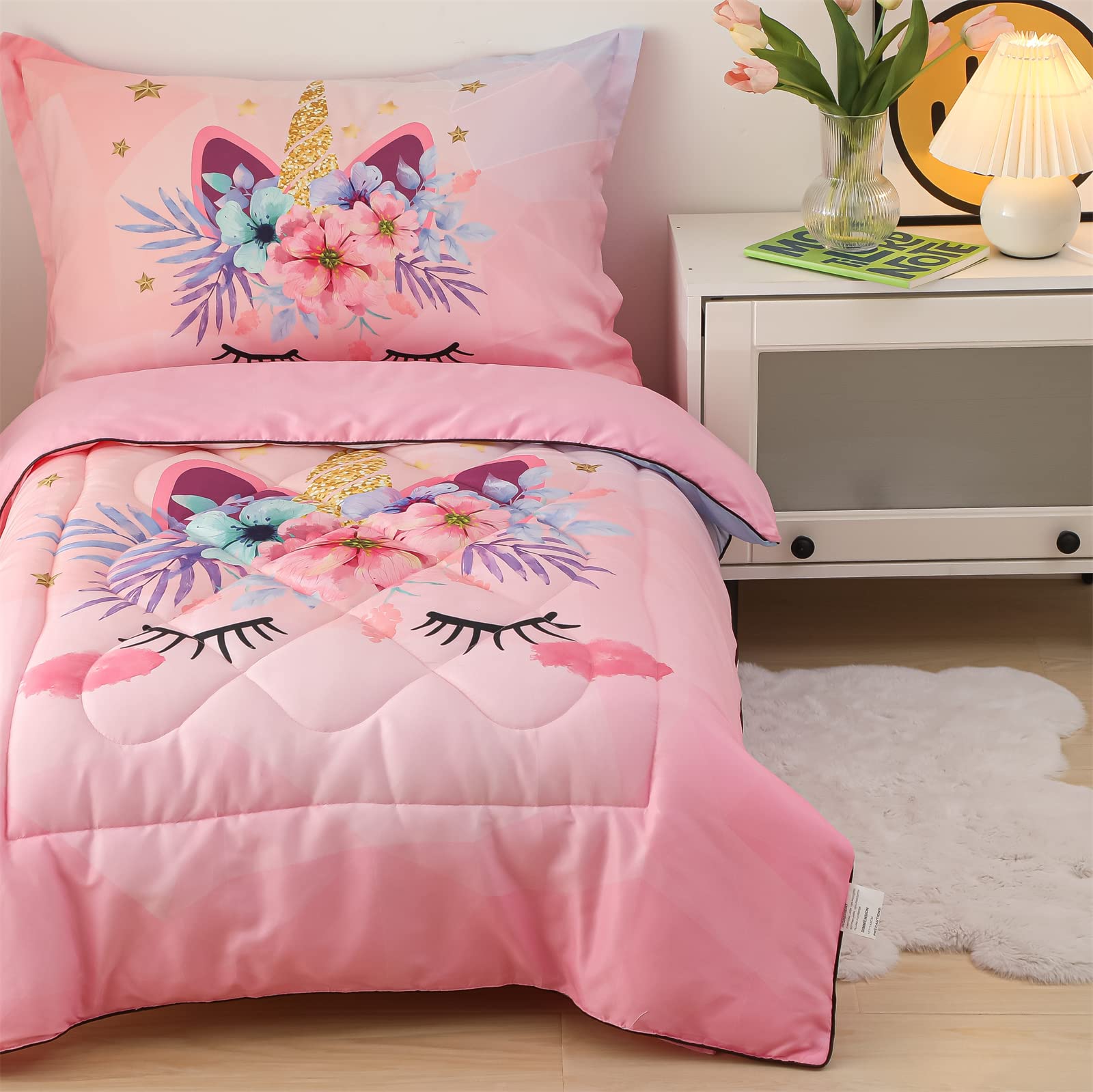 VINILITE Toddler Bedding Set Pink Unicorn 4 Piece Standard Size Children Comforter Set Ultra Soft Includes Quilted Comforter, Fitted Sheet, Flat Sheet, and Pillow Case for Kids Girls, 28" x 52"