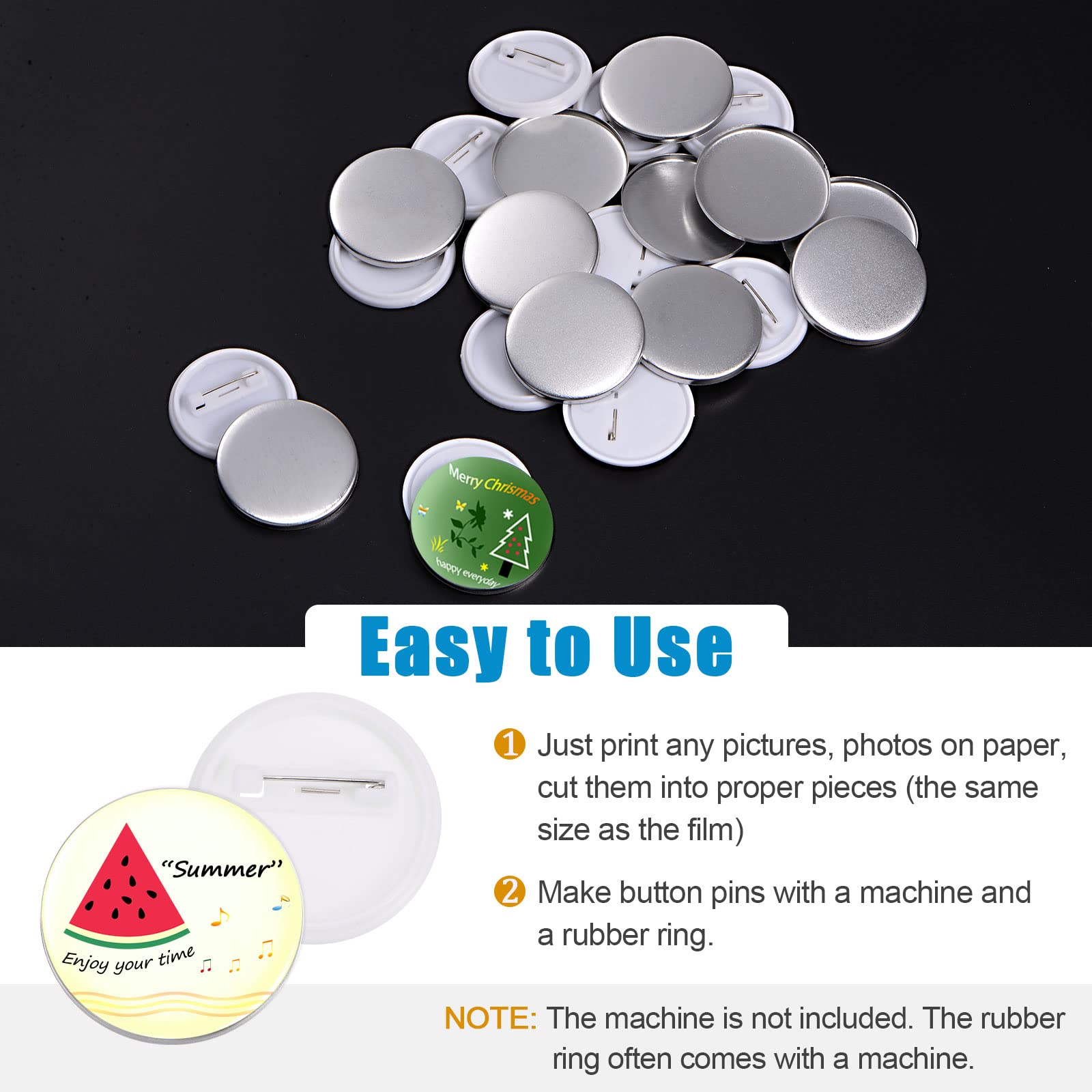 MECCANIXITY Blank Pin Back Button Parts, 32mm 1.26 Inch, 200 Set Sewing Buttons Round Metal Cover Plastic Button Back Clear Film for Button Maker Machine